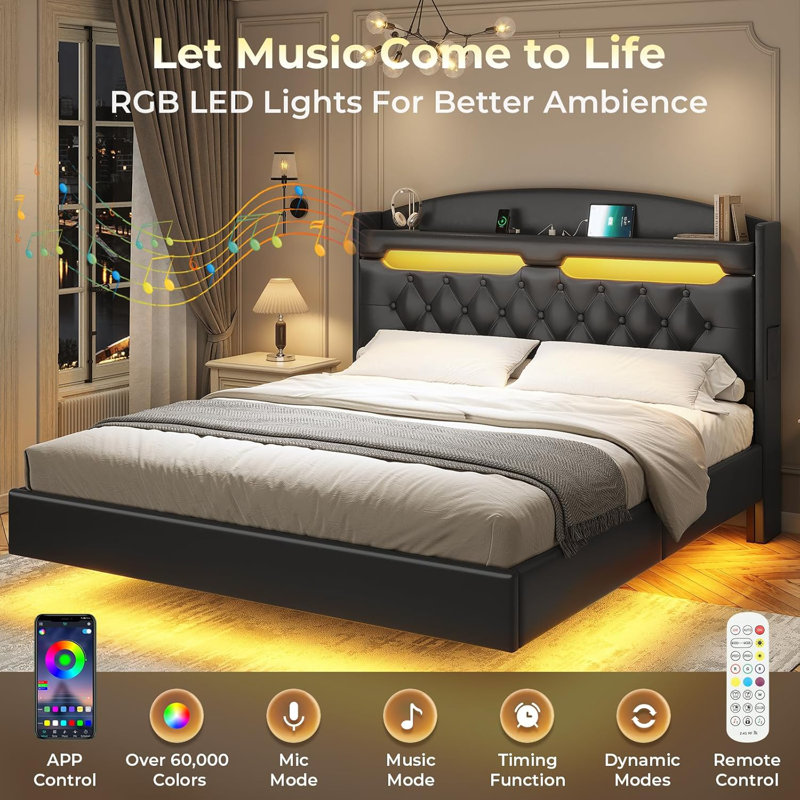 Ivy Bronx Floating Bed Frame With Hidden Storage Headboard, Floating ...