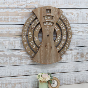 Gracie Oaks Wood Rustic Circular Wall Mounted Spin Perpetual Calendar ...