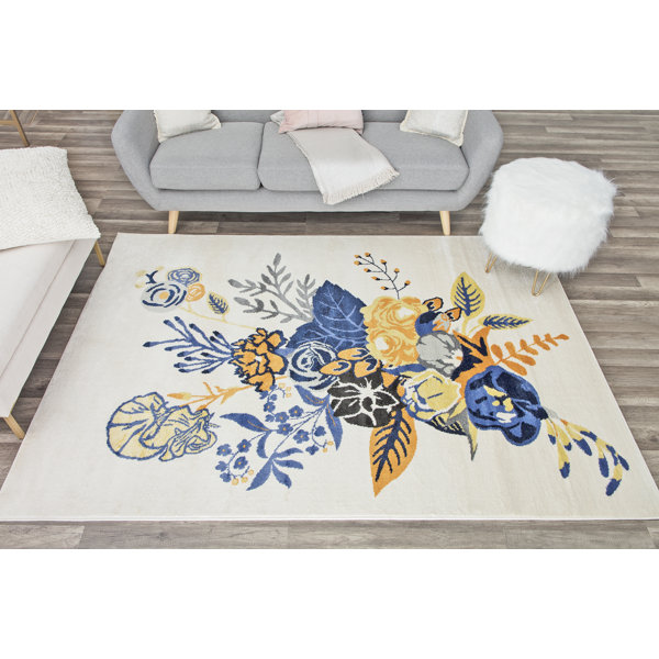 Latitude Run® Valentina Floral Floral Charm Ivory Gold Area Rug ...