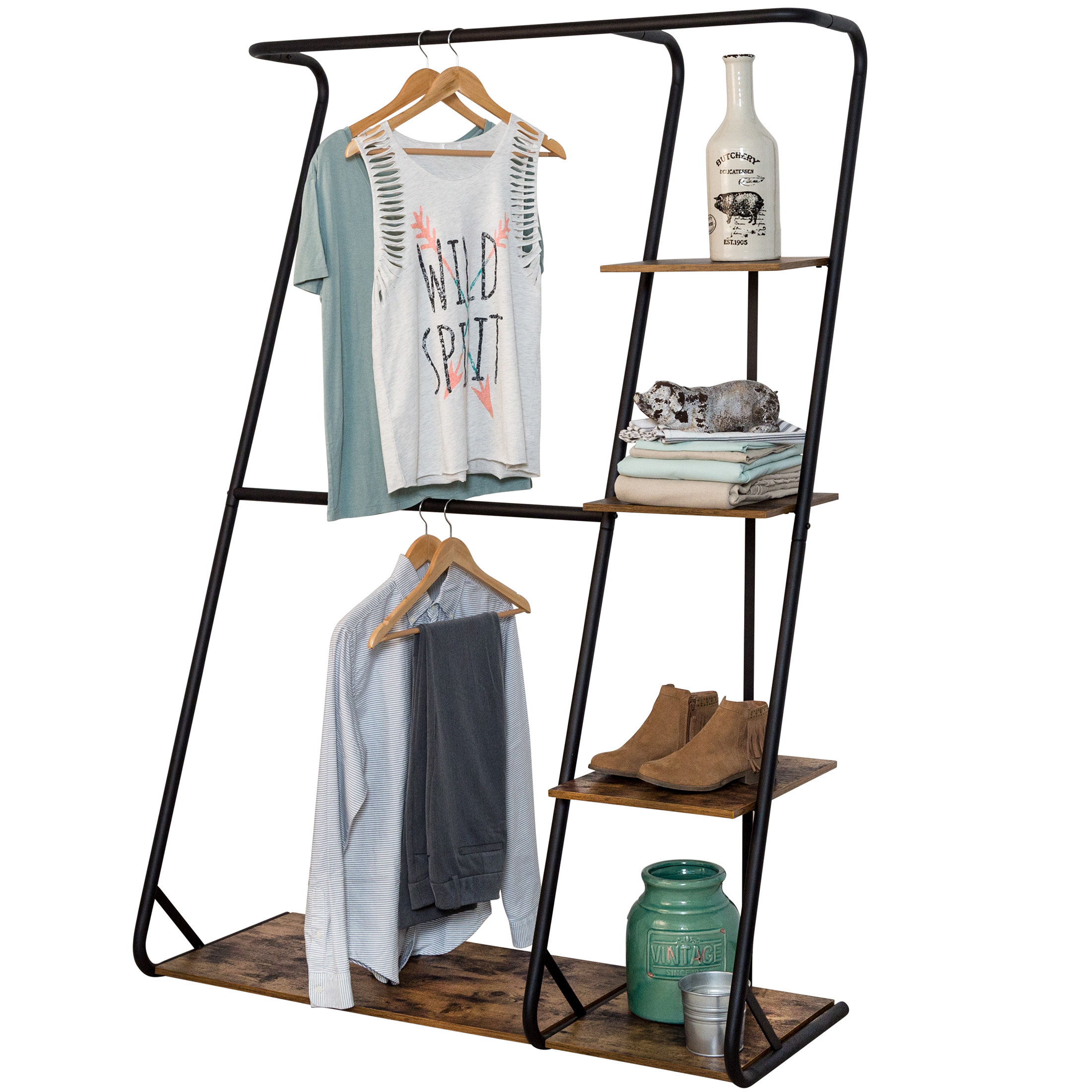 ERTCHUE RIED Rustic Clothes Racks Garment Rack With Shelves - Wayfair ...