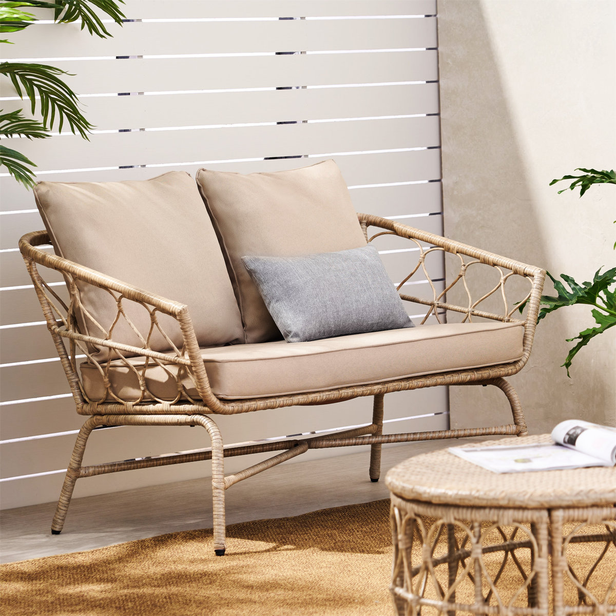 Beachcrest Home Raynette Outdoor Wicker Loveseat with Cushions ...