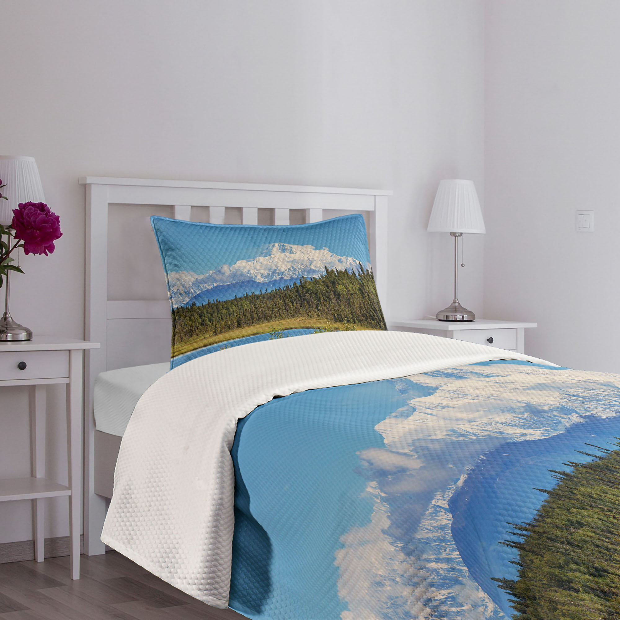 Ambesonne Alaska Bedspread Set Snow Covered Mountain Forest Green White Blue | Wayfair