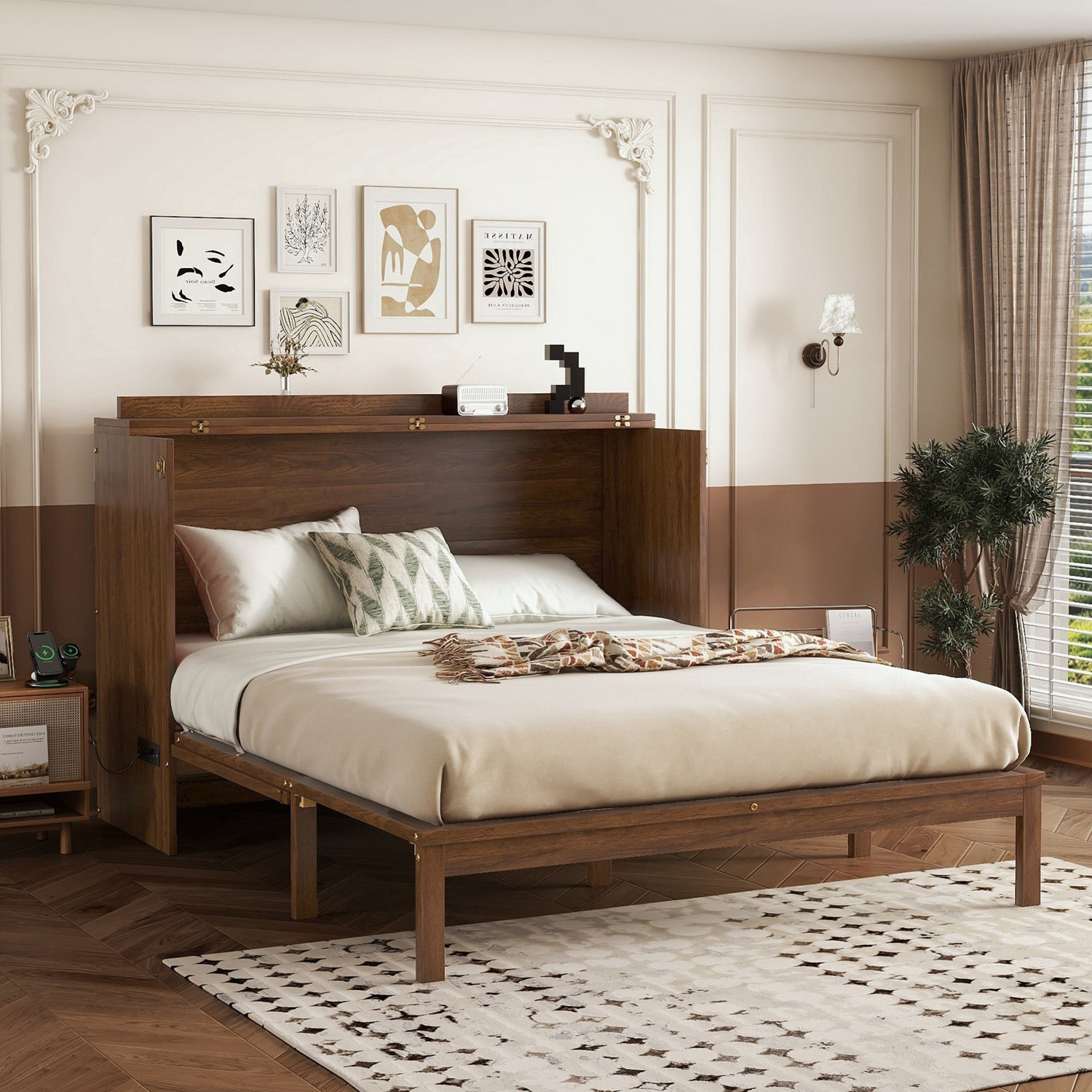 Bayou Breeze Queen Size Murphy Bed with Power Station and Rattan ...