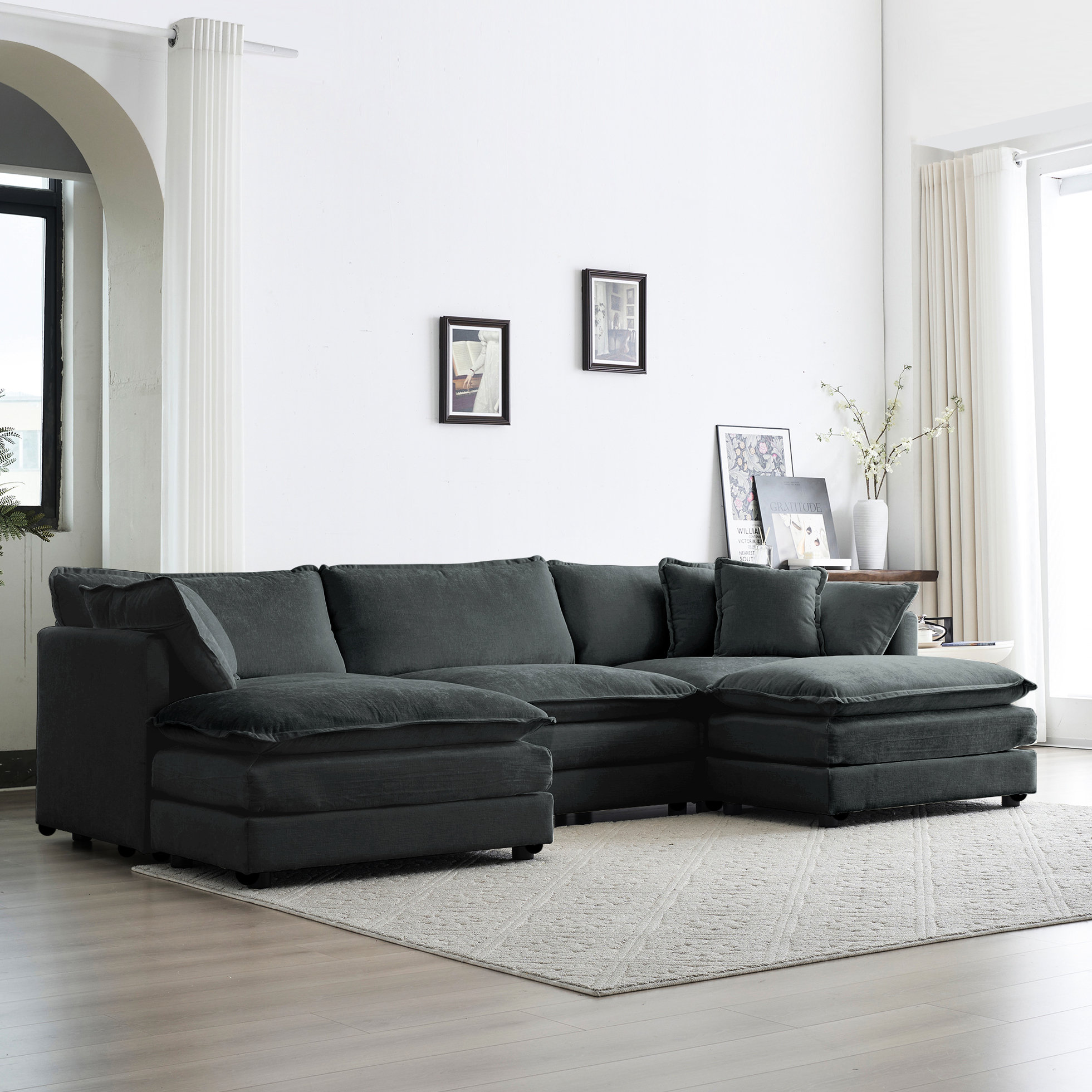 Latitude Run® U-shaped Sectional With 2 Ottomans, 5 Grey Chenille ...