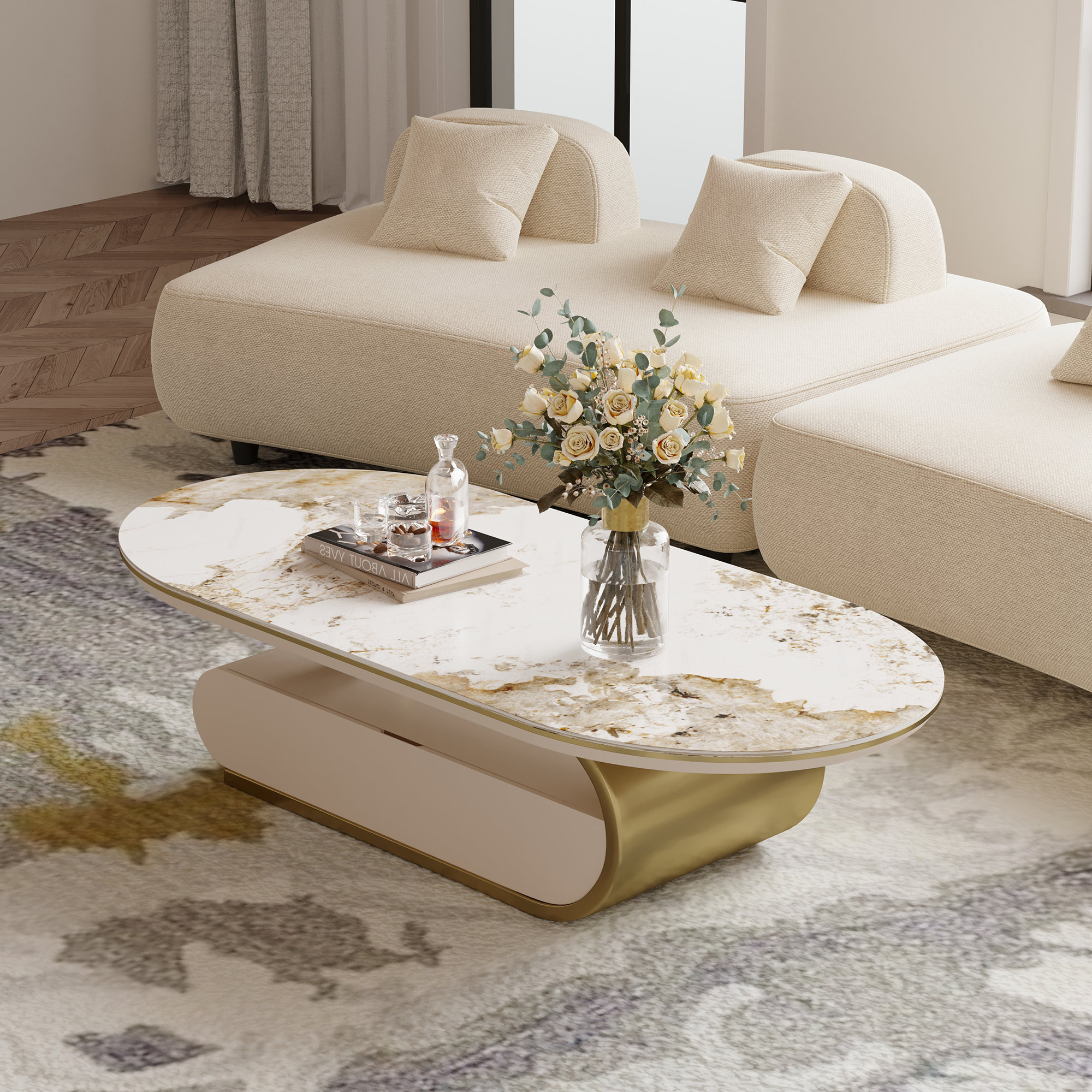 Brayden Studio® Denean 51" Luxurious Oval Stone Coffee Table with ...