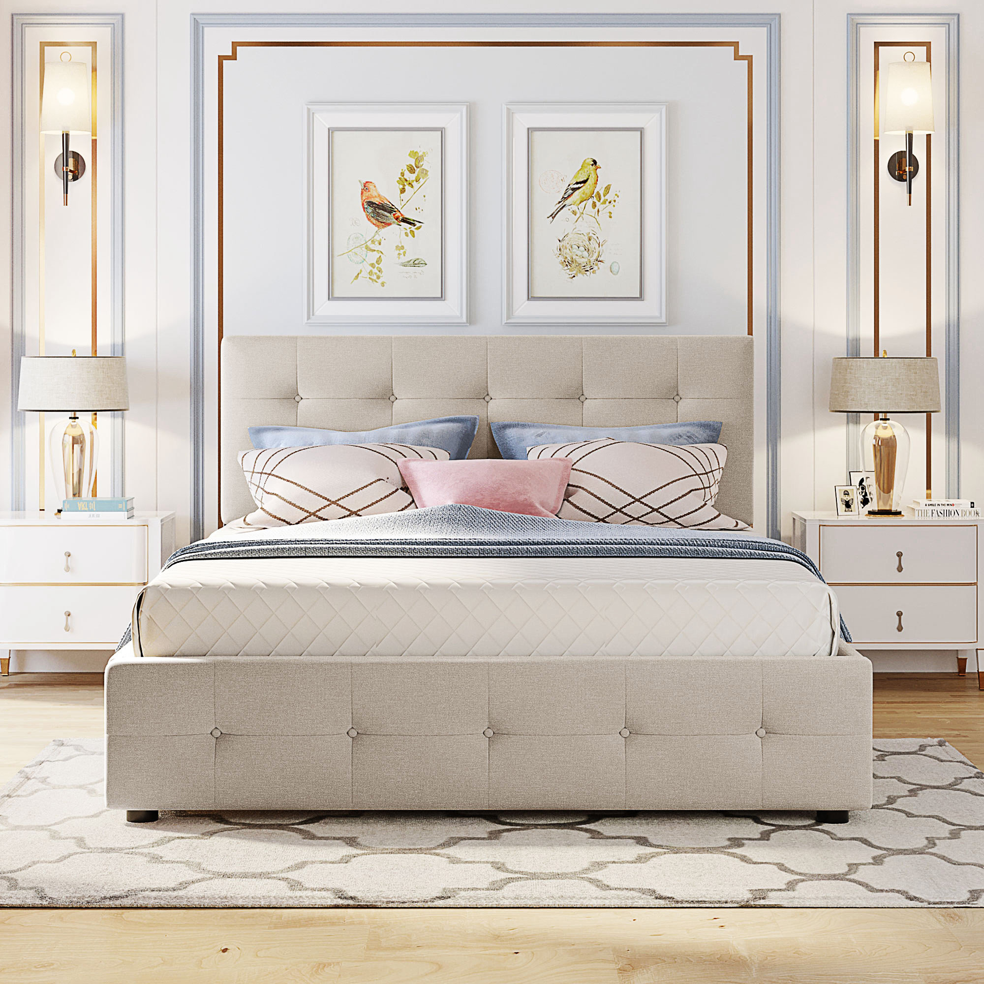 Red Barrel Studio Lit plateforme tapissier grand avec 2 tiroirs et 1 lit gigogne simple Viswa et ...