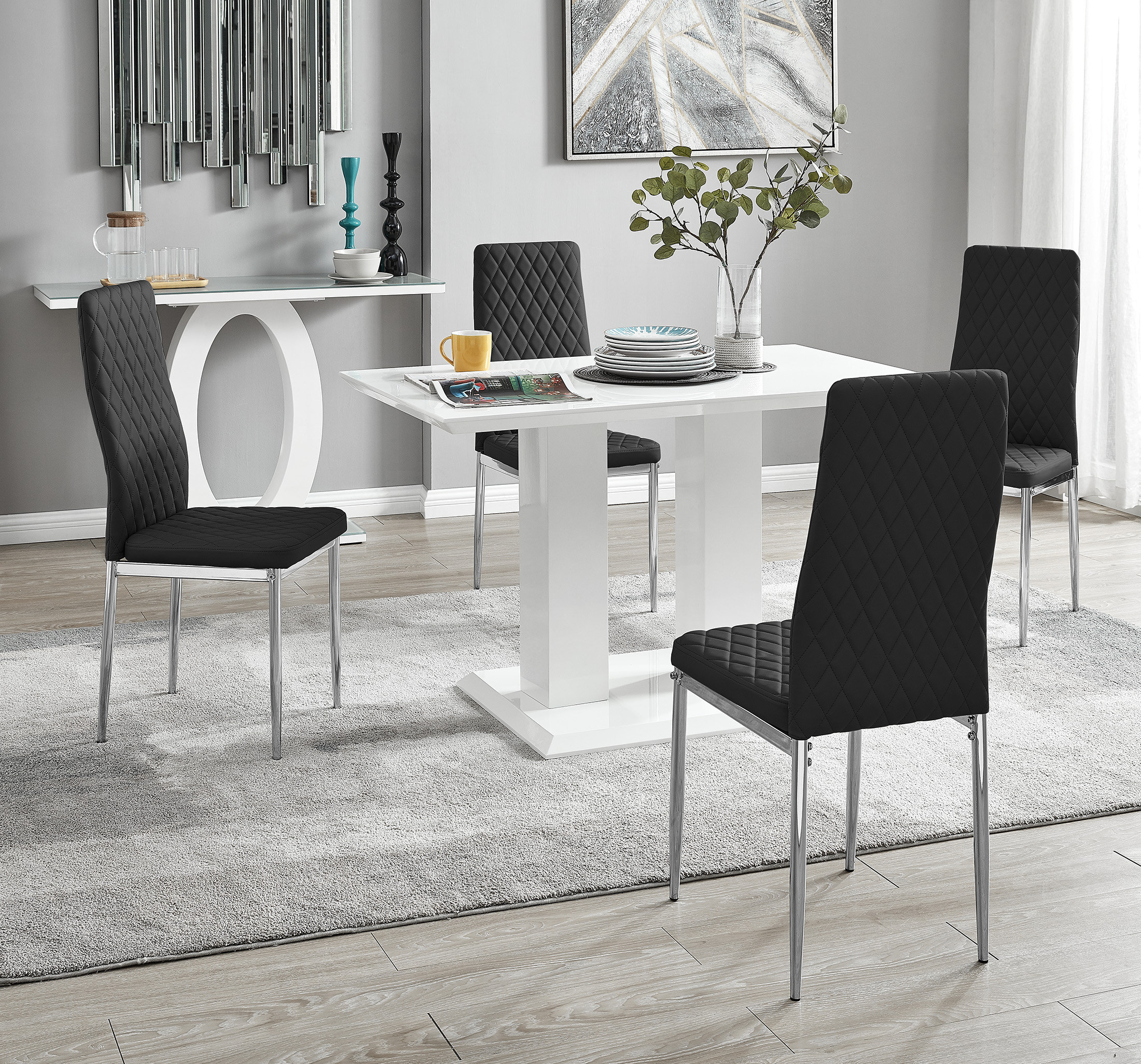 East Urban Home Eubanks High Gloss Double Pillar Dining Table Set with 4 Luxury Faux Leather ...