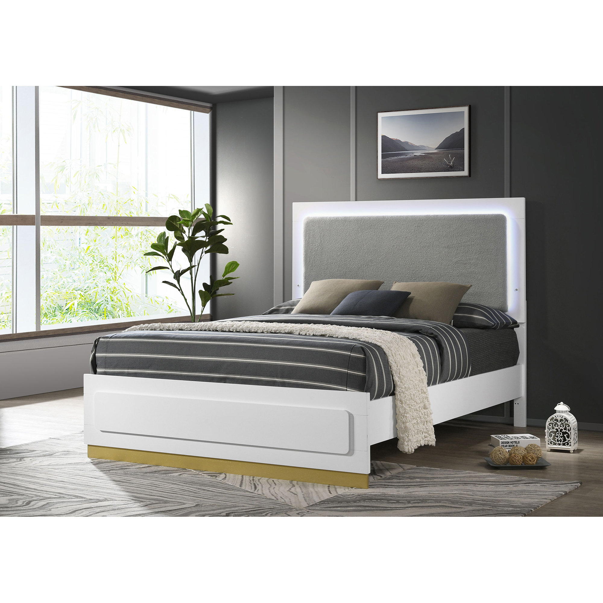 Alcott Hill® Sophia White Wood Queen LED Panel Bed | Wayfair