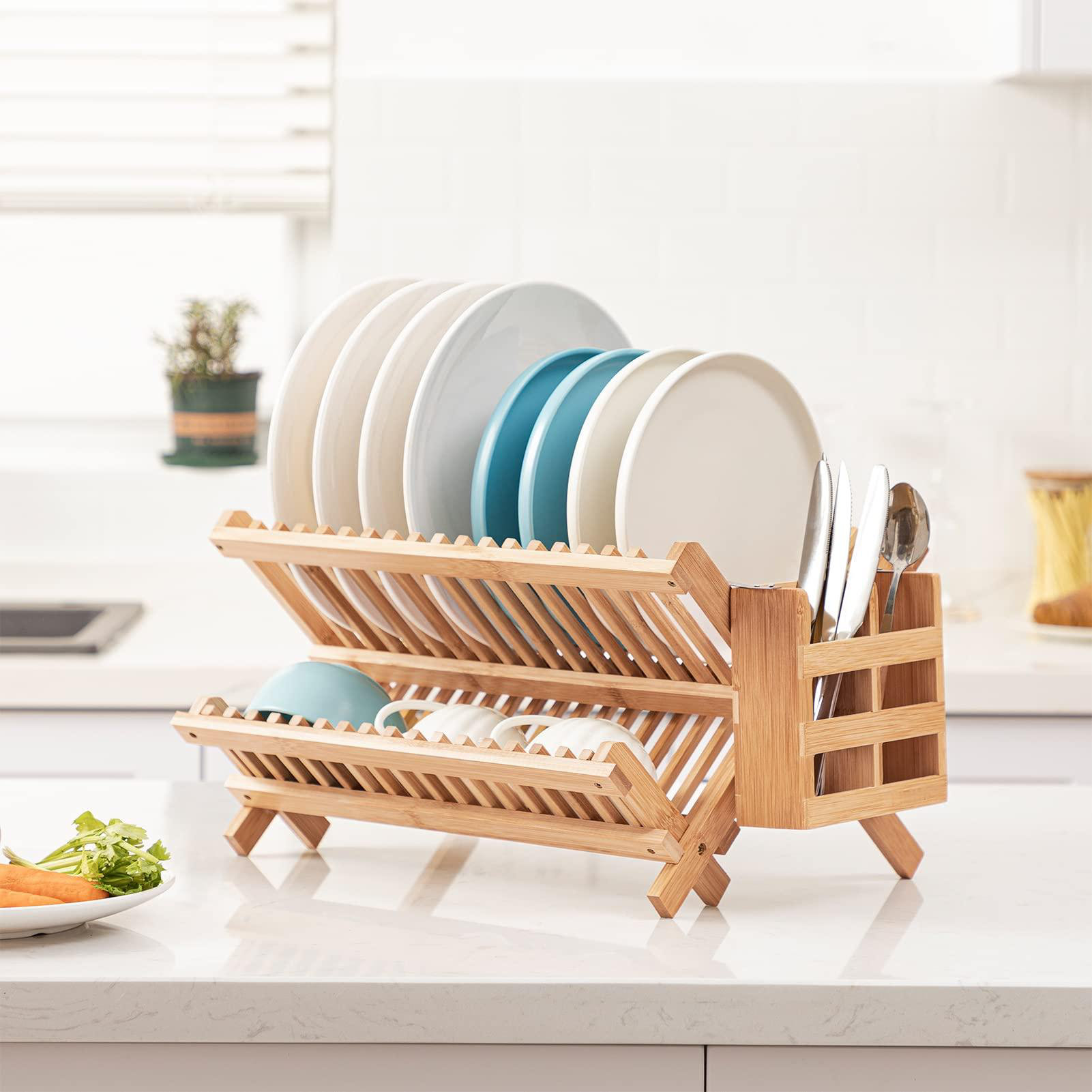 wanmo Dish Rack, Bamboo Folding 2-Tier Collapsible Drainer Dish Drying ...
