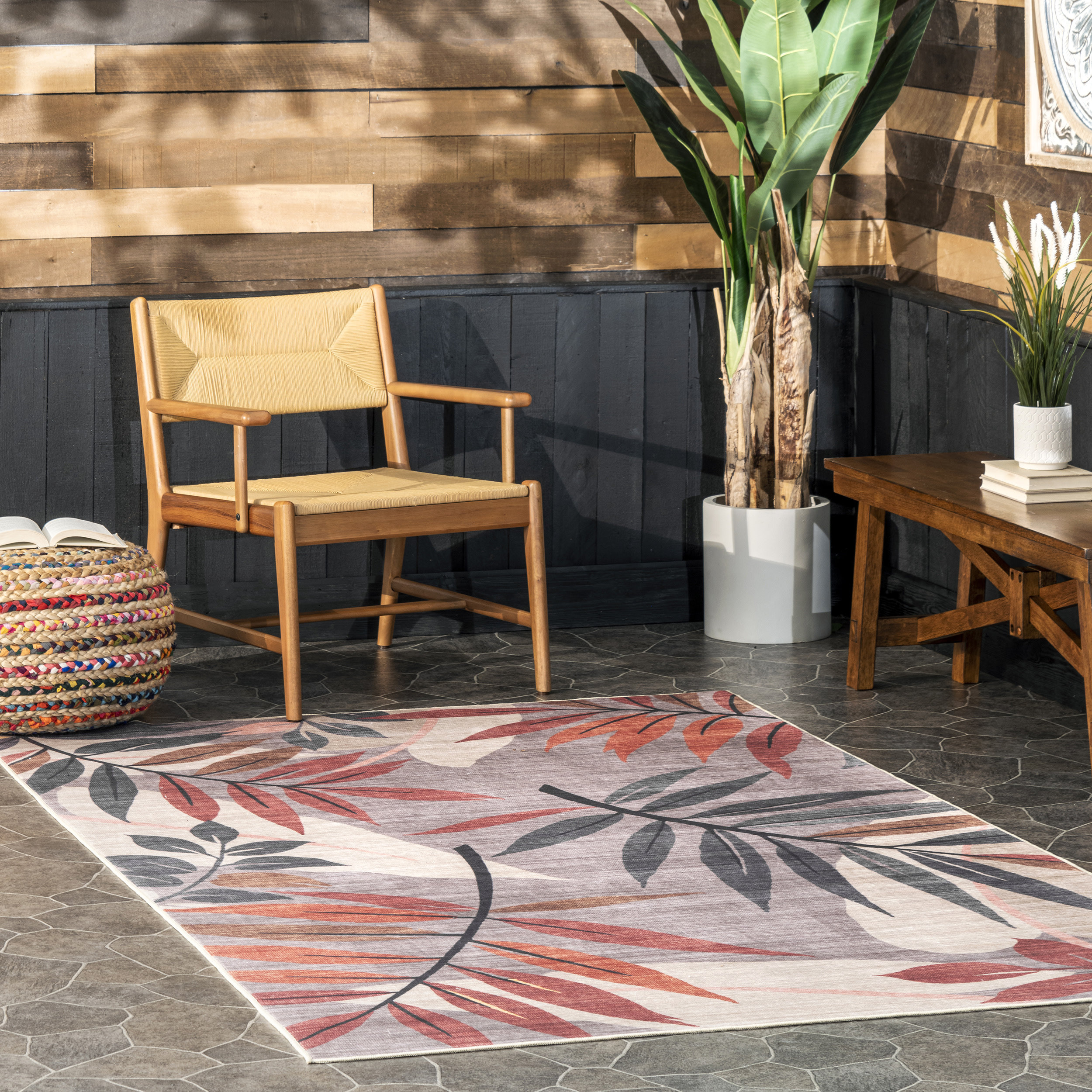 Bayou Breeze Erik Tropical Leaves Machine Washable Indoor/Outdoor Area ...