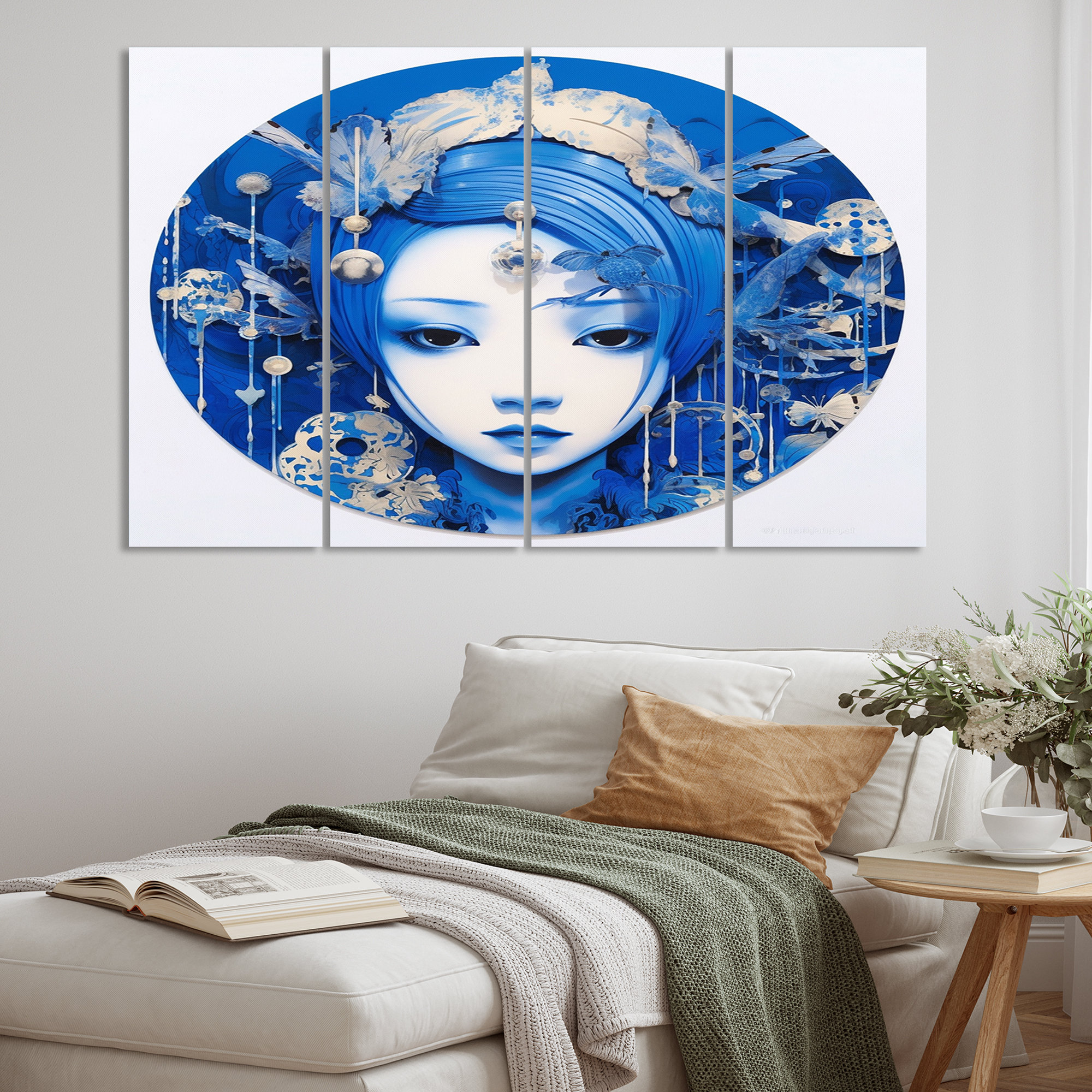 Winston Porter Indigo Retro Asian Flower Woman Portrait On Canvas 4 ...