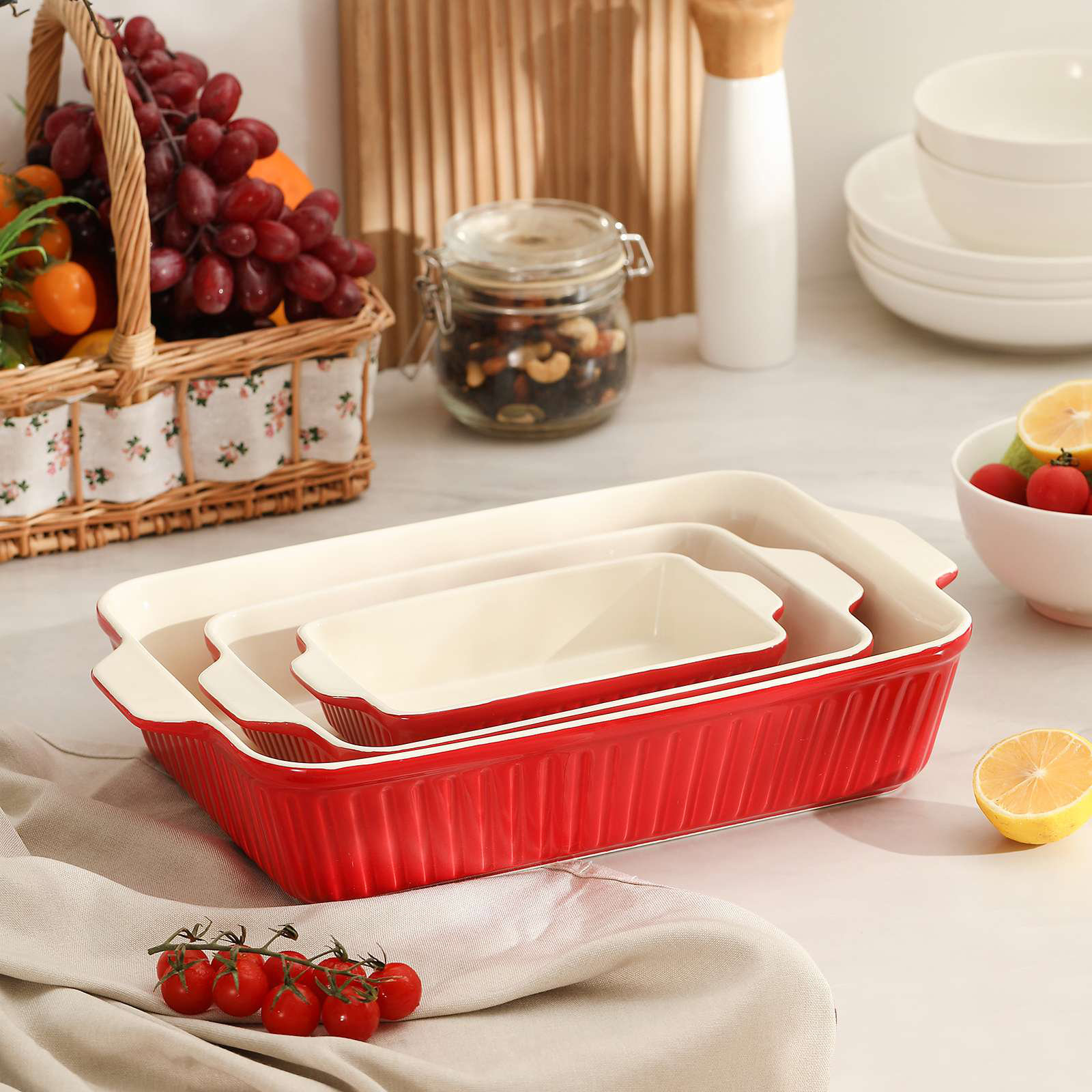 DOWAN 3-Piece Rectangular Ceramic Baking Dish Set, Nesting Casserole ...