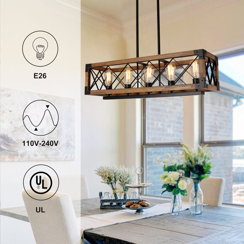 Gracie Oaks Rectangle Wood Chandelier Kitchen Lighting Fixtures,5 ...