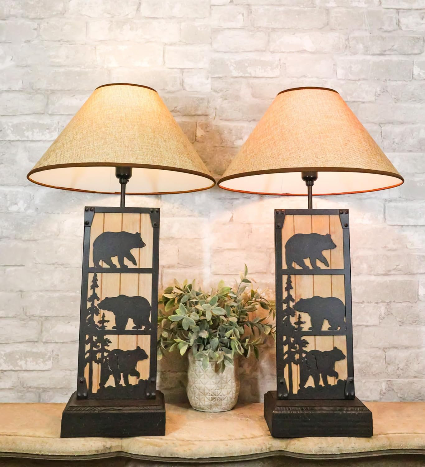 Millwood Pines Set Of 2 Rustic Western Black Bears In Forest Wood Metal Bedside Table Lamps ...