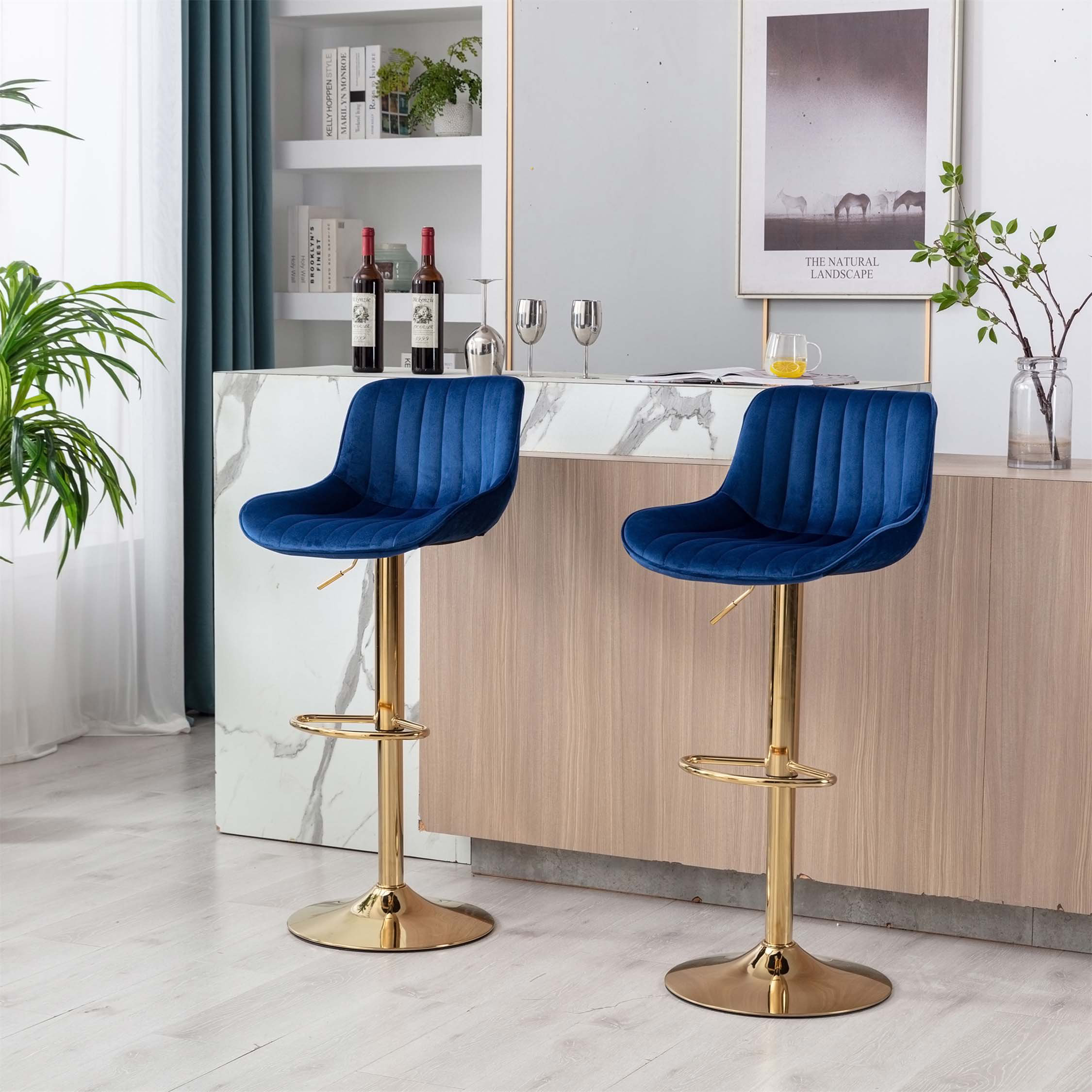 Mercer41 Velvet Adjustable Bar Stools with Chrome Footrest and ...