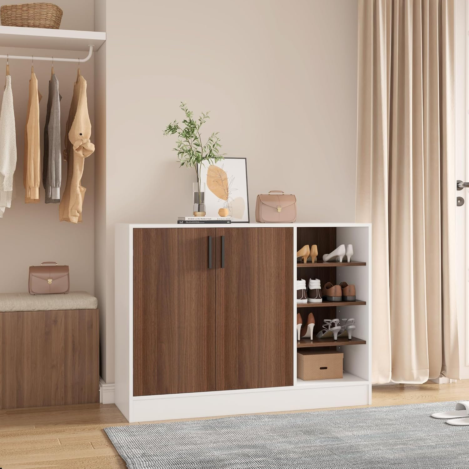 Hokku Designs Shoe Cabinet, 4-Tier Shoe Rack With Doors And Open ...