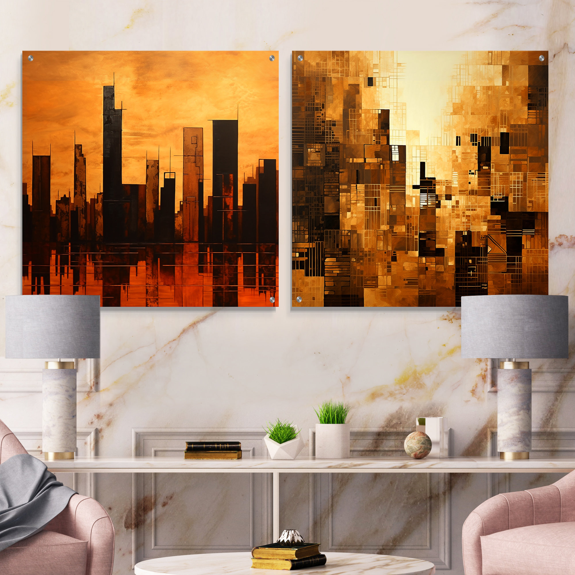 Ivy Bronx Modern Cityscape Skycraper Bronze Blocks - Skyscrapers ...