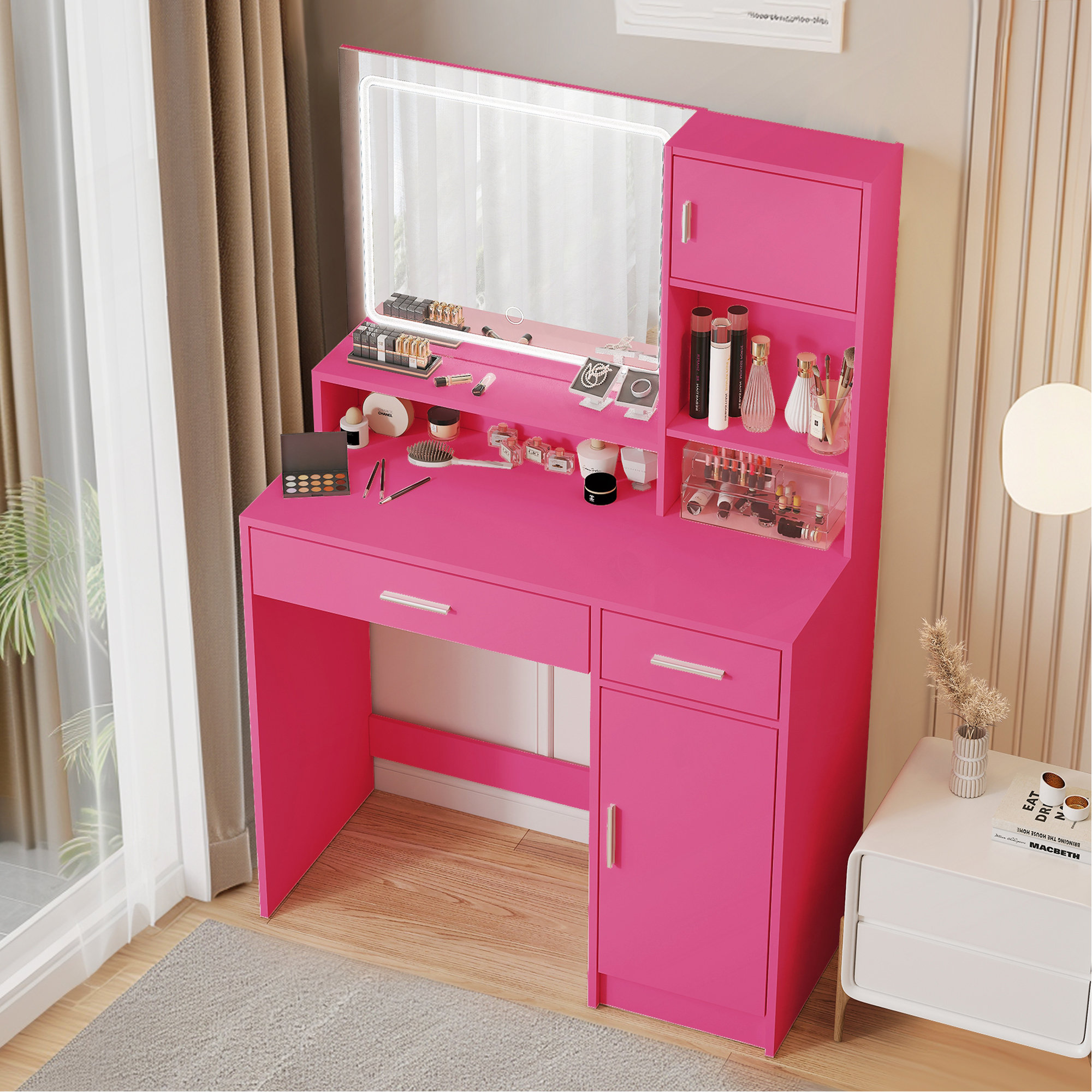 George Oliver Vanity Desk With Mirror And LED Light Strip,Dressing ...