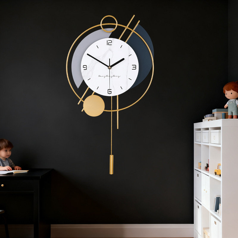East Urban Home Large Wall Clocks for Living Room,3D Gold Pendulum ...