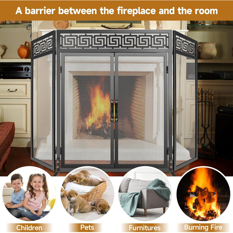 Mercer41 3 Panel Fireplace Doors With Screen Heavy-Duty Fireplace Spark ...