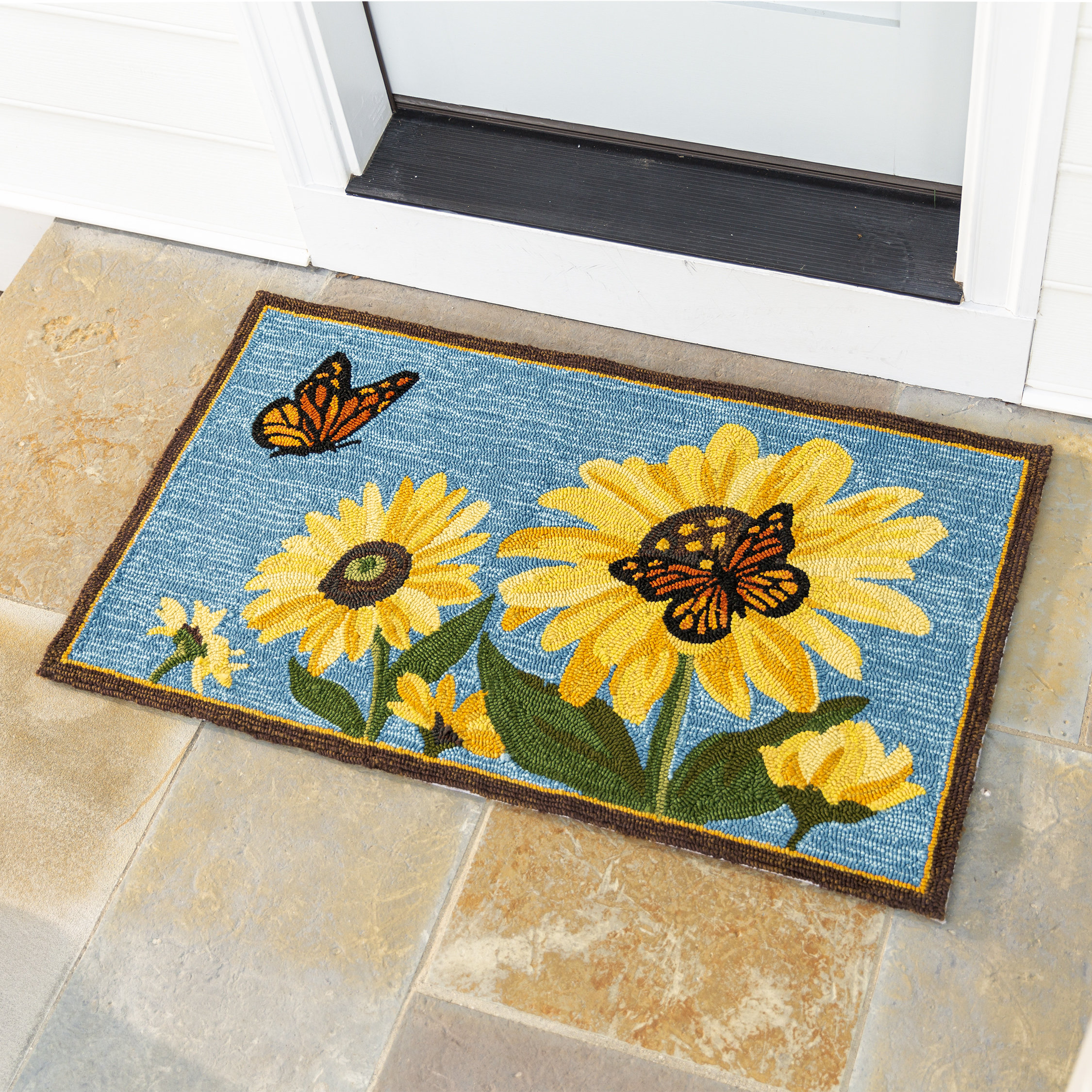 August Grove® Indoor/Outdoor Monarch Sunflower Hooked Rug 24"X42" | Wayfair