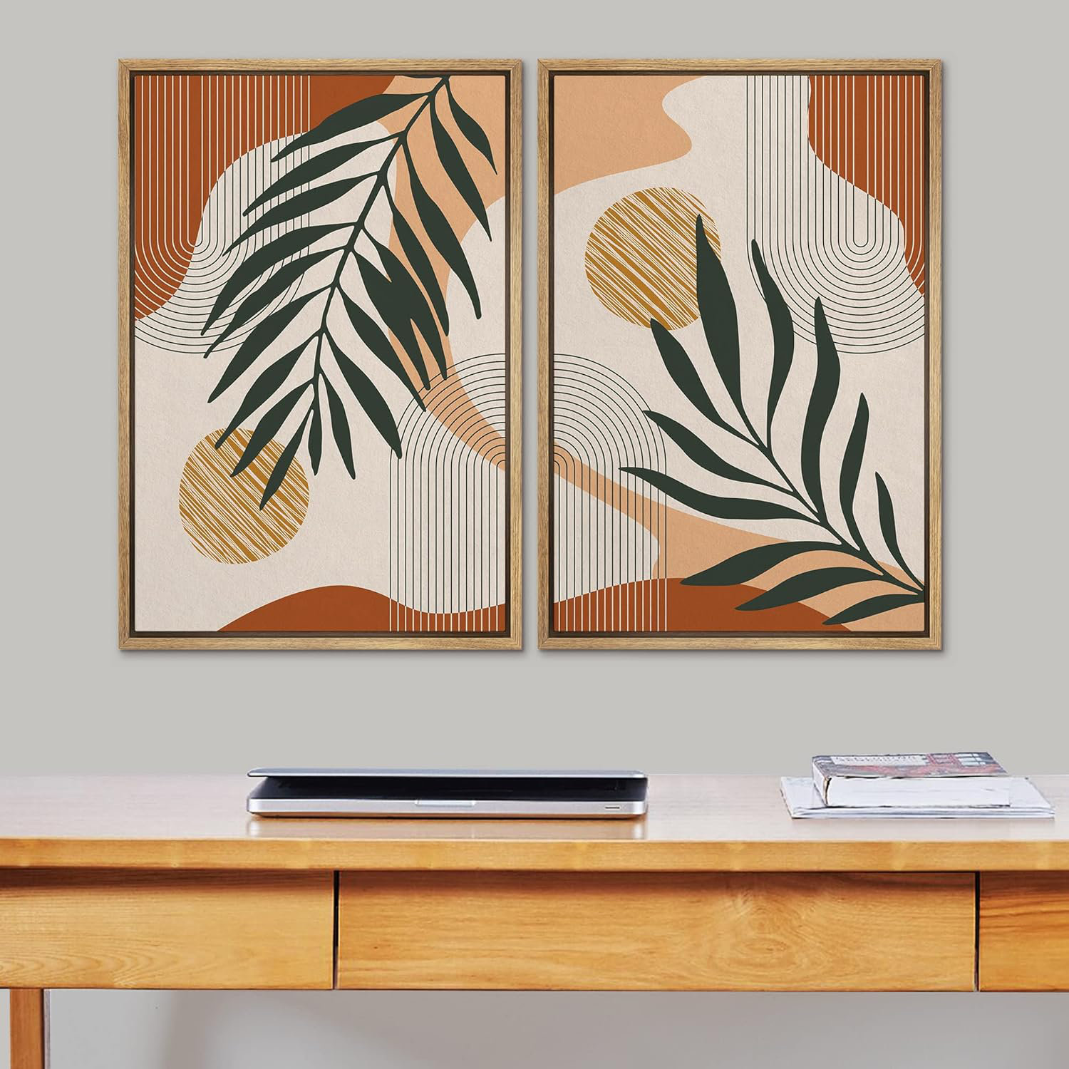 IDEA4WALL Mid Century Modern Palm Leaf Geometry Abstract Plants Framed Canvas 2 Piece Print Boho ...