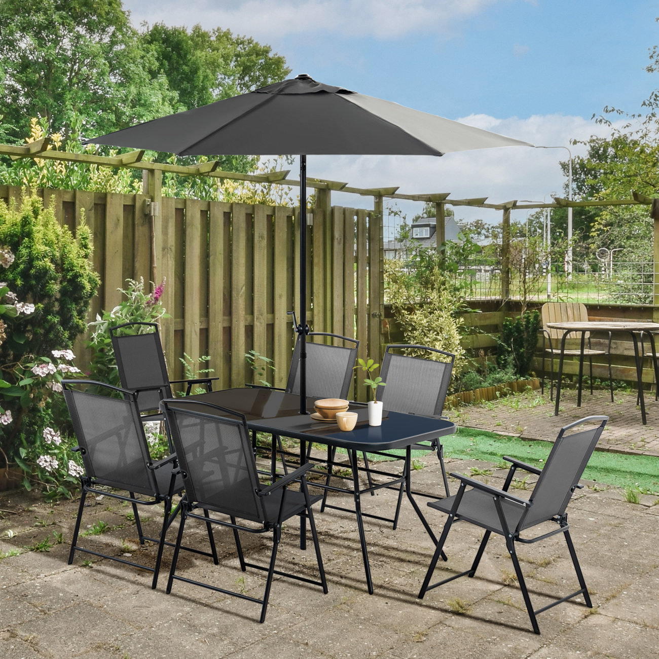 Winston Porter Outsunny 8 Piece Patio Dining Set With Table Umbrella ...