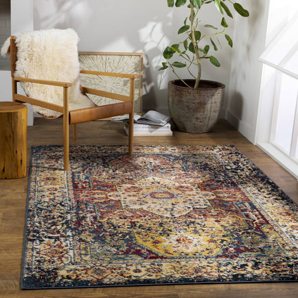 Bungalow Rose Hasrat Floral Navy/Khaki Area Rug & Reviews | Wayfair