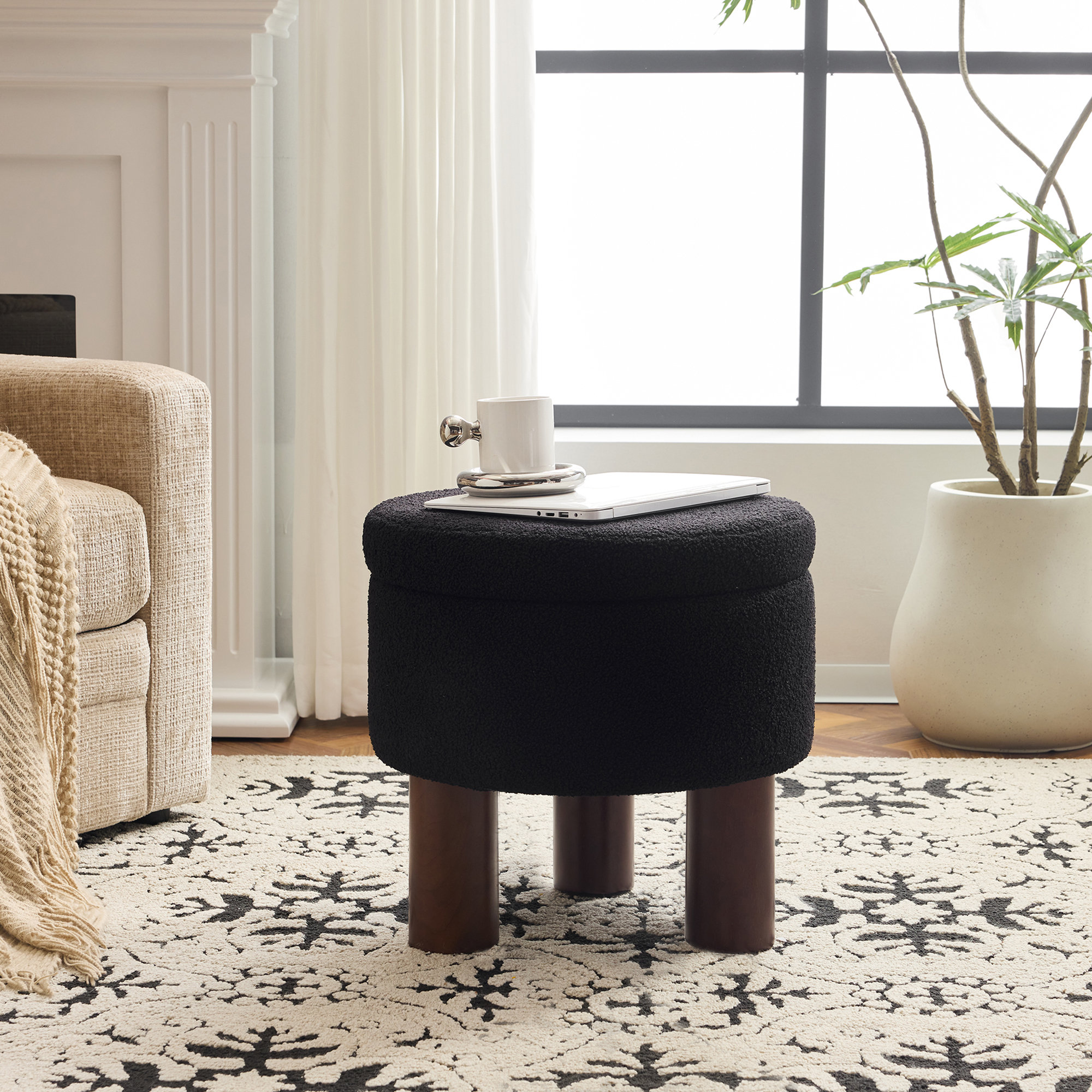 Ebern Designs Joddie 18.9" Round Boucle Upholstered Storage Ottoman ...