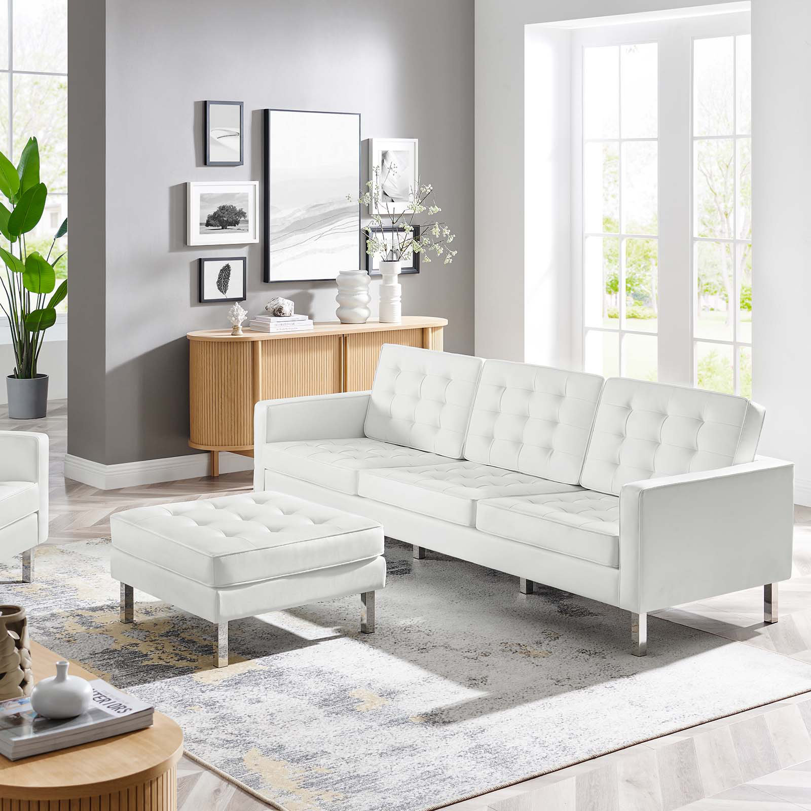 Modway Loft Tufted Vegan Leather Sofa and Ottoman Set | Wayfair