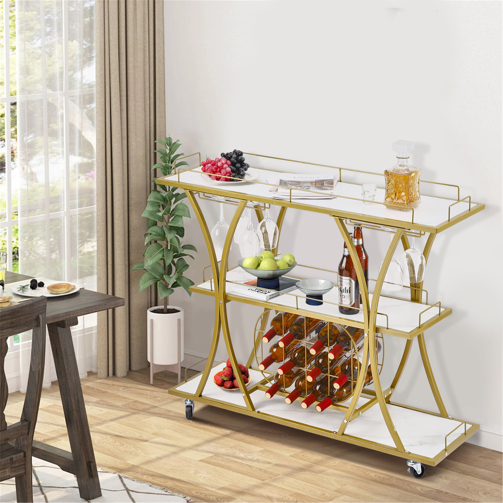 Mercer41 3 Tiers Home Bar Serving Gold Cart With Wheels Wine Rack ...