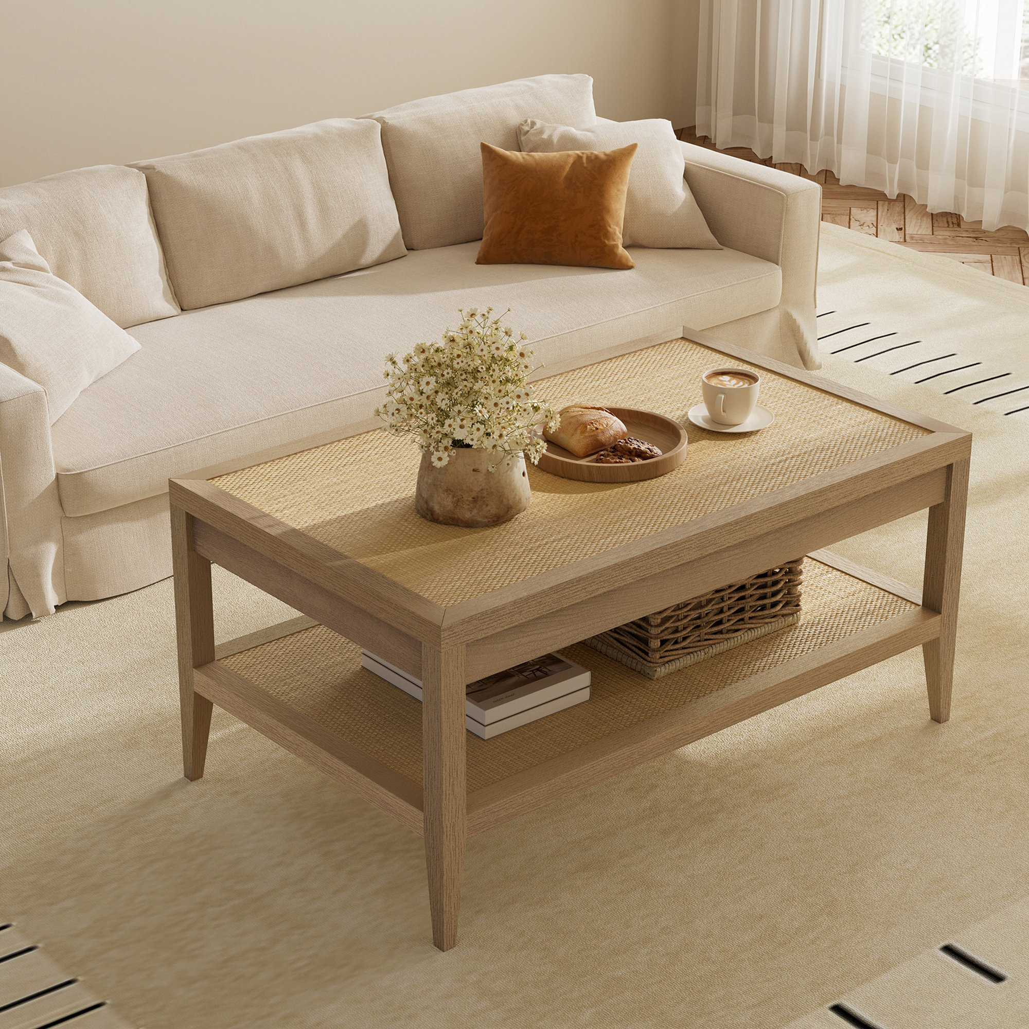 Bay Isle Home™ Table basse Boho avec 2 tablettes de rangement en rotin ...