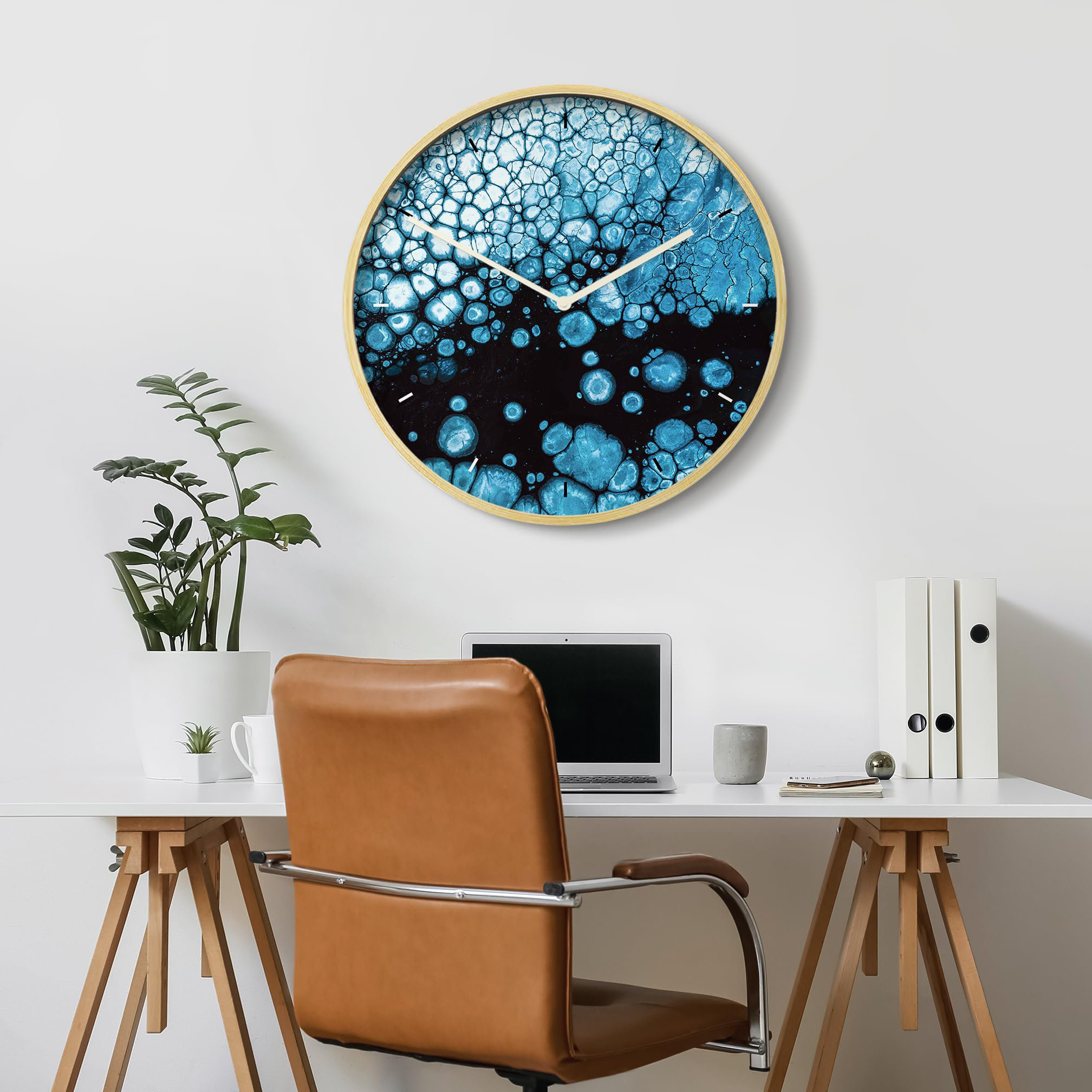 SIGNLEADER Blue Abstract Clock Decor Wooden Large Wall Clock Living ...