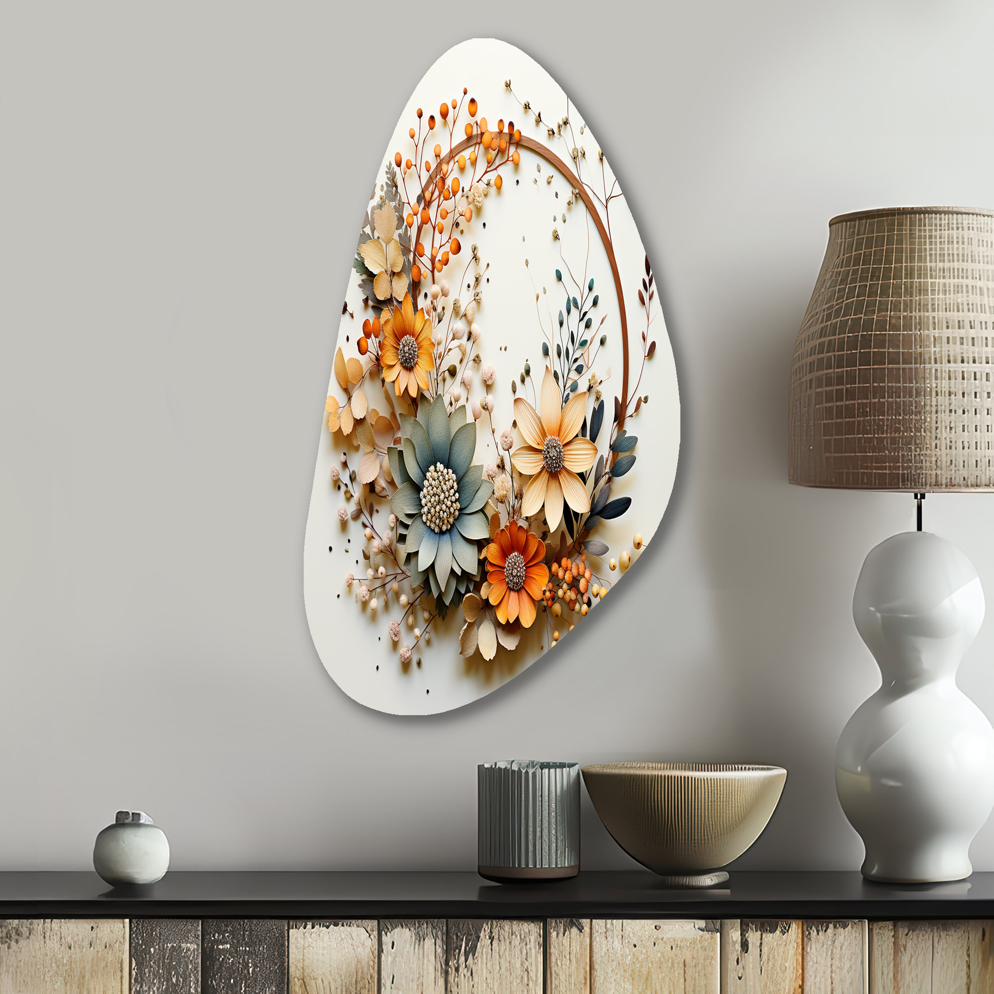 Design Art Beige And Orange Floral Wreath I - Wreath Fall Shape ...
