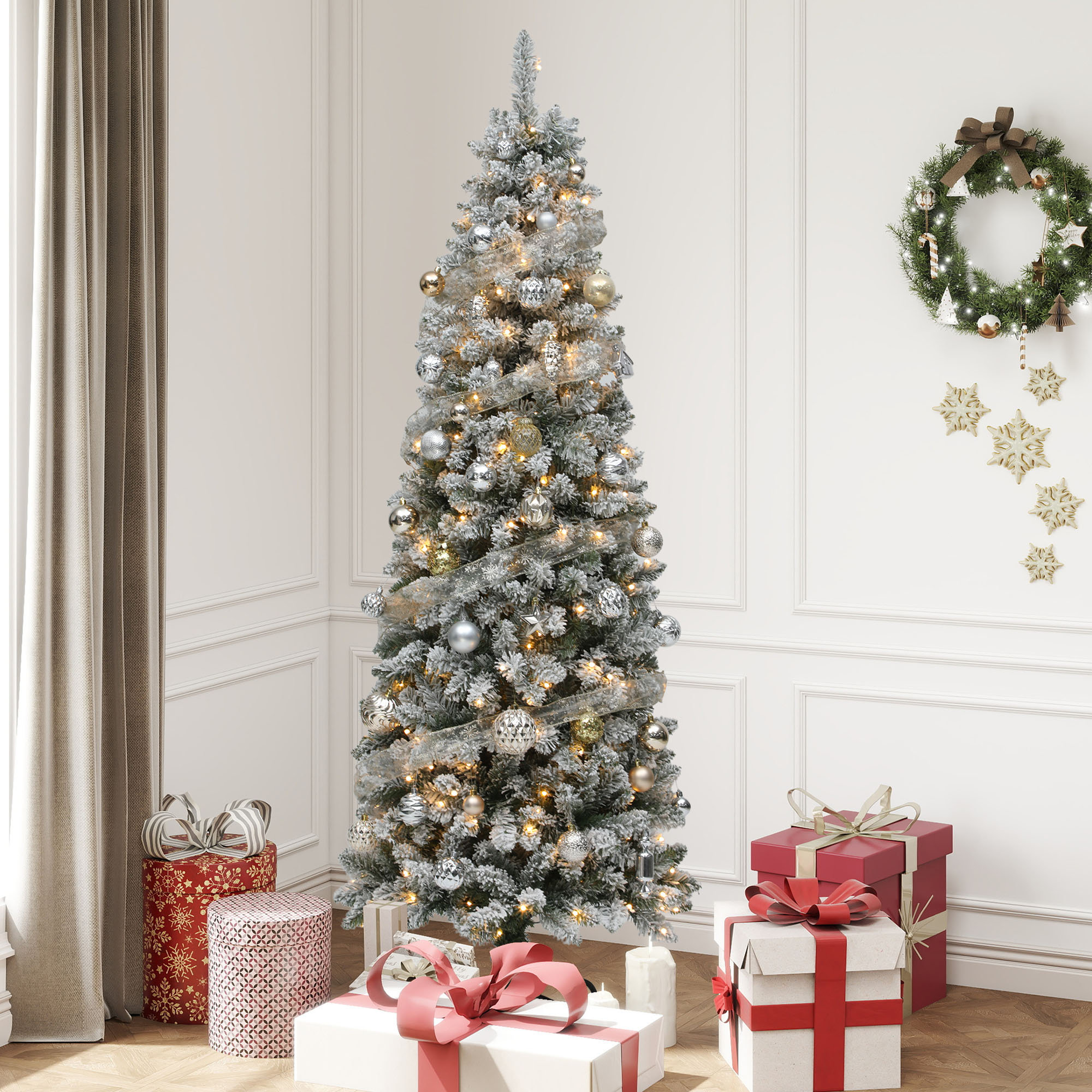 Balconera 6Ft Pre-Lit Slim Snowy Pencil Artificial Christmas Tree ...