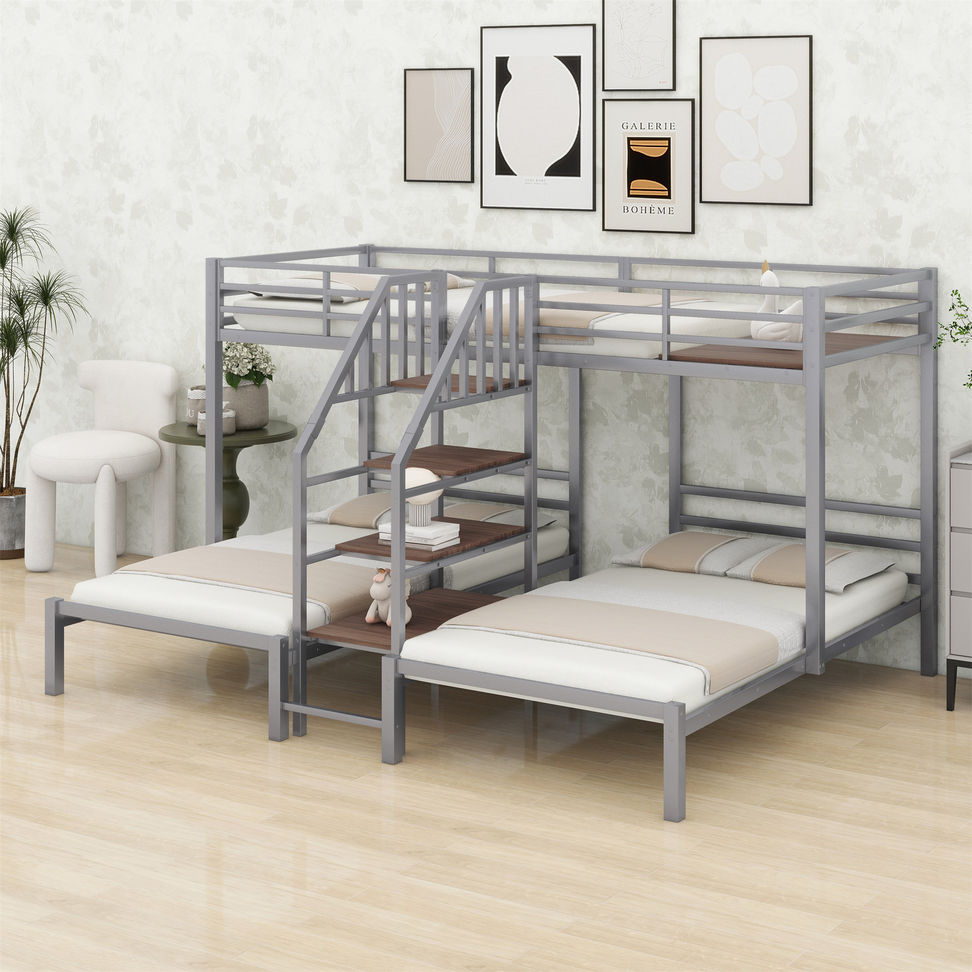 Latitude Run® Metal Triple Bunk Bed With Storage Shelves Staircase ...