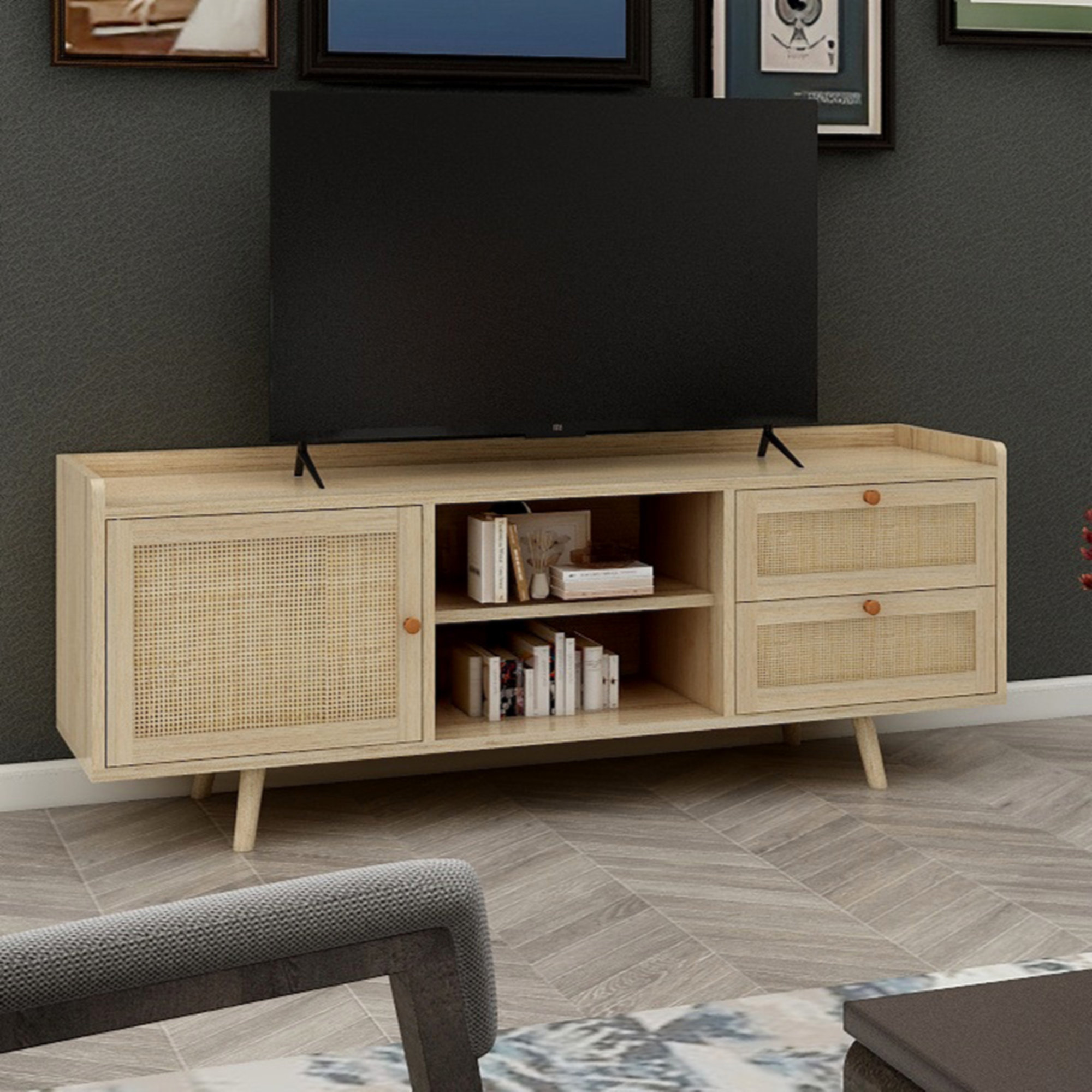 Corrigan Studio® Mid Century TV Stand With Rattan-Decorated Doors ...