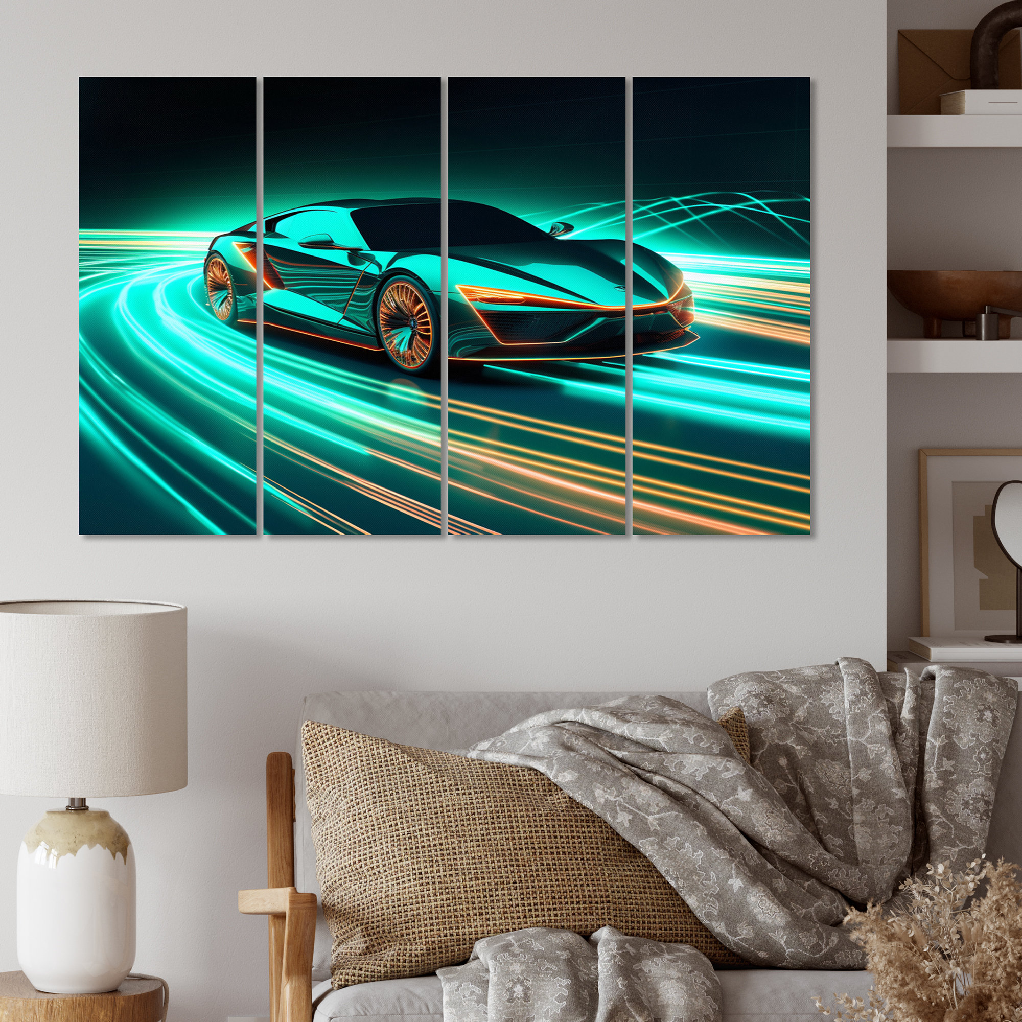 Design Art Teal Neon Exotic Car I - Neon Car Metal Wall Decor Set | Wayfair
