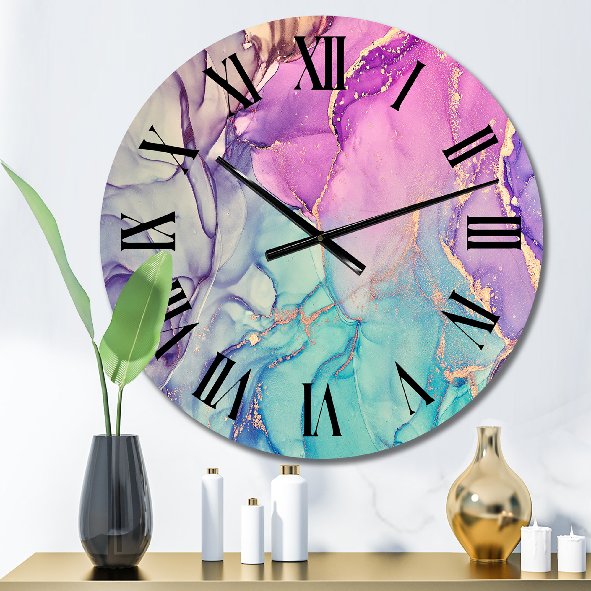 East Urban Home Purple and Blue Liquid Art V - Modern Wall Clock | Wayfair