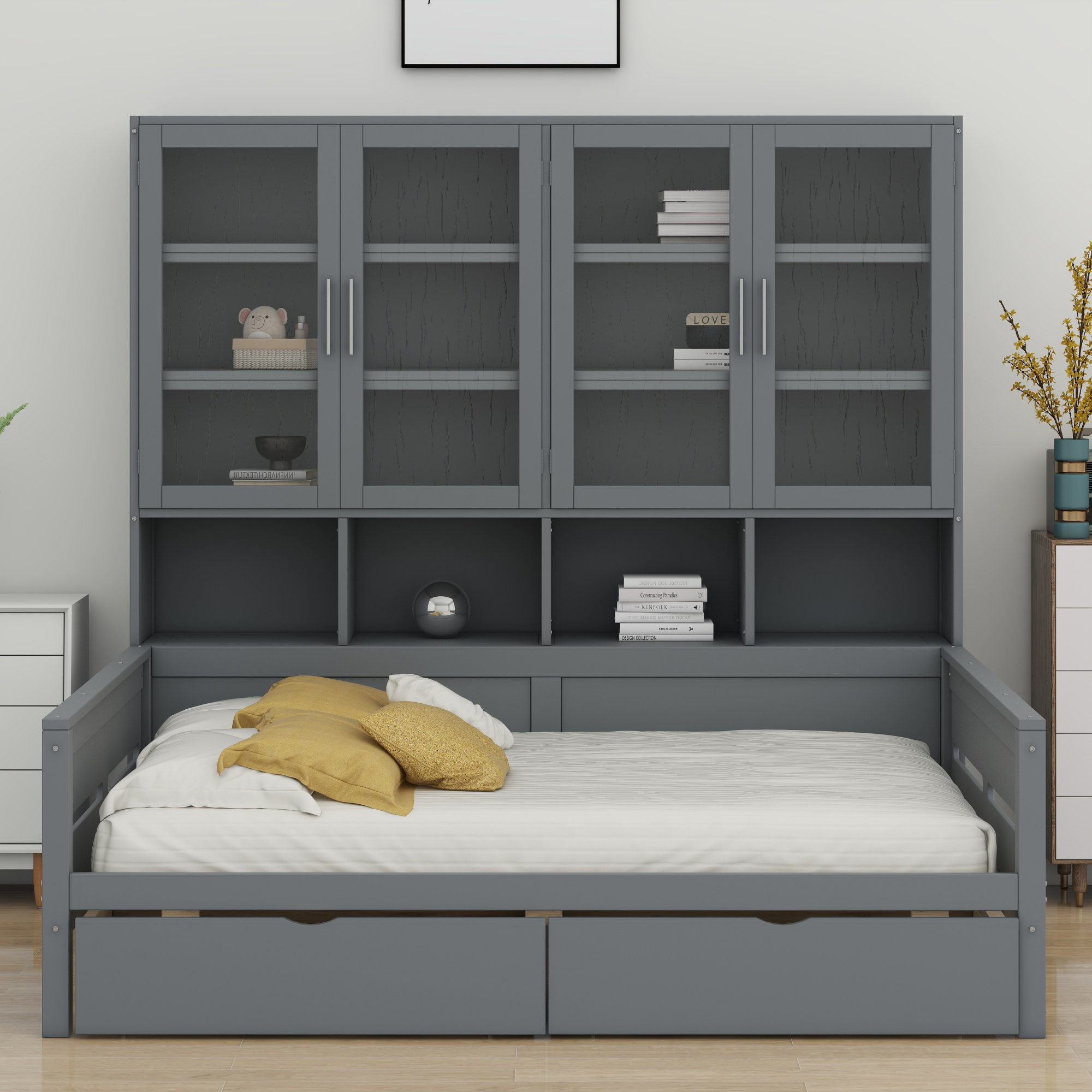 Latitude Run® Wooden Daybed With Glass-Door Storage Cabinets, Built-In ...