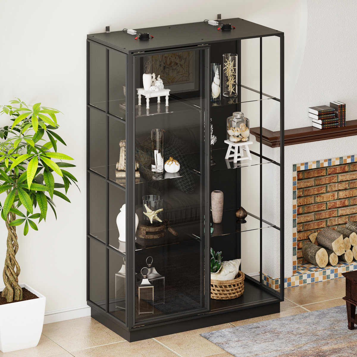 Latitude Run® 74.8" H Black Glass Sliding Door Display Cabinet With Two ...