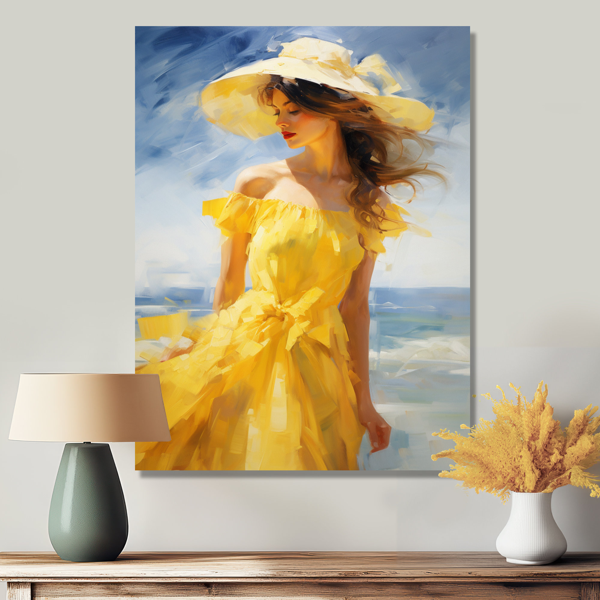 Mercer41 Ocean Girl Yellow Dress Summer Hat - Modern Woman Wall Art ...