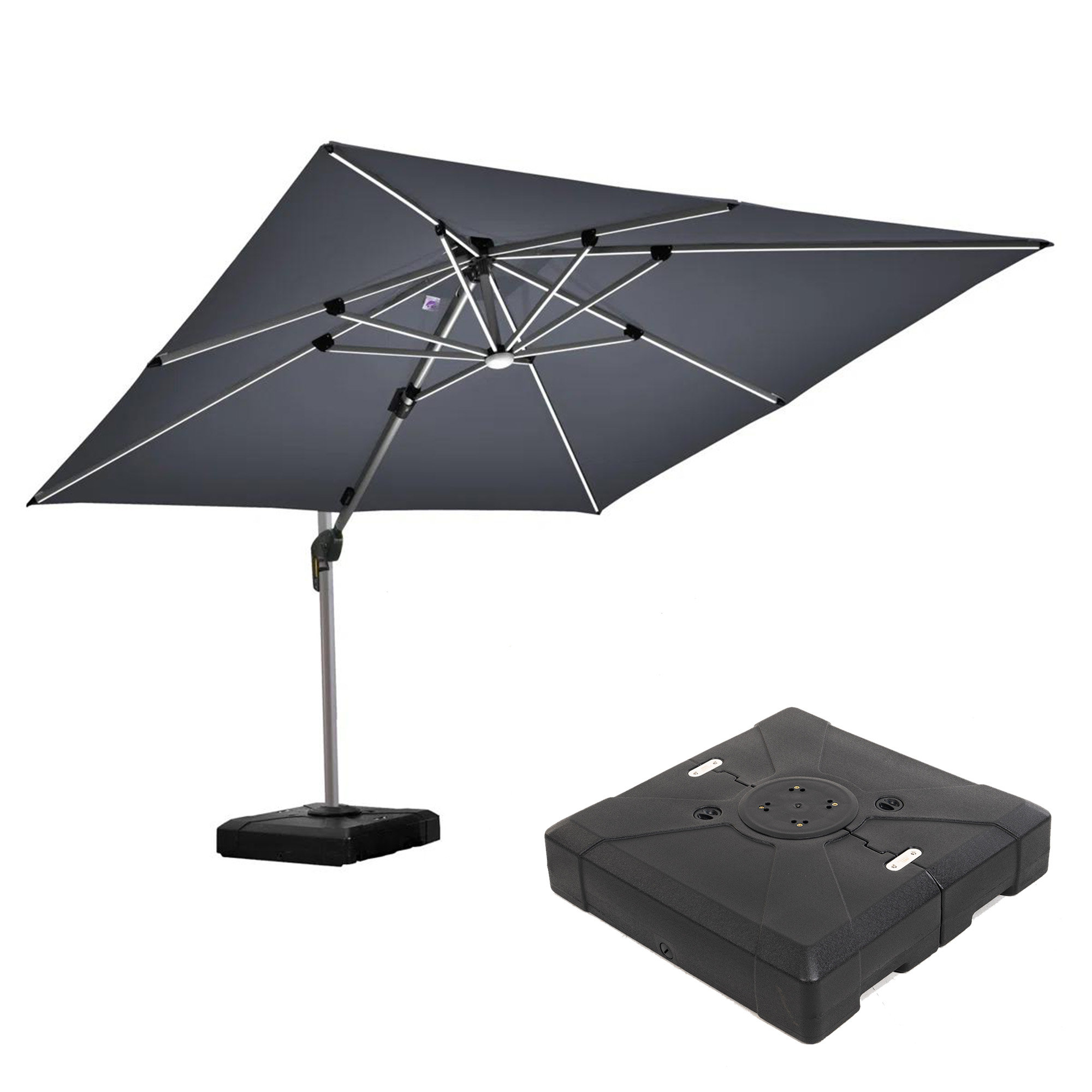 Arlmont & Co. Parasol rectangulaire en porte-à-faux à énergie solaire 9 pi x 12 pi avec base et ...