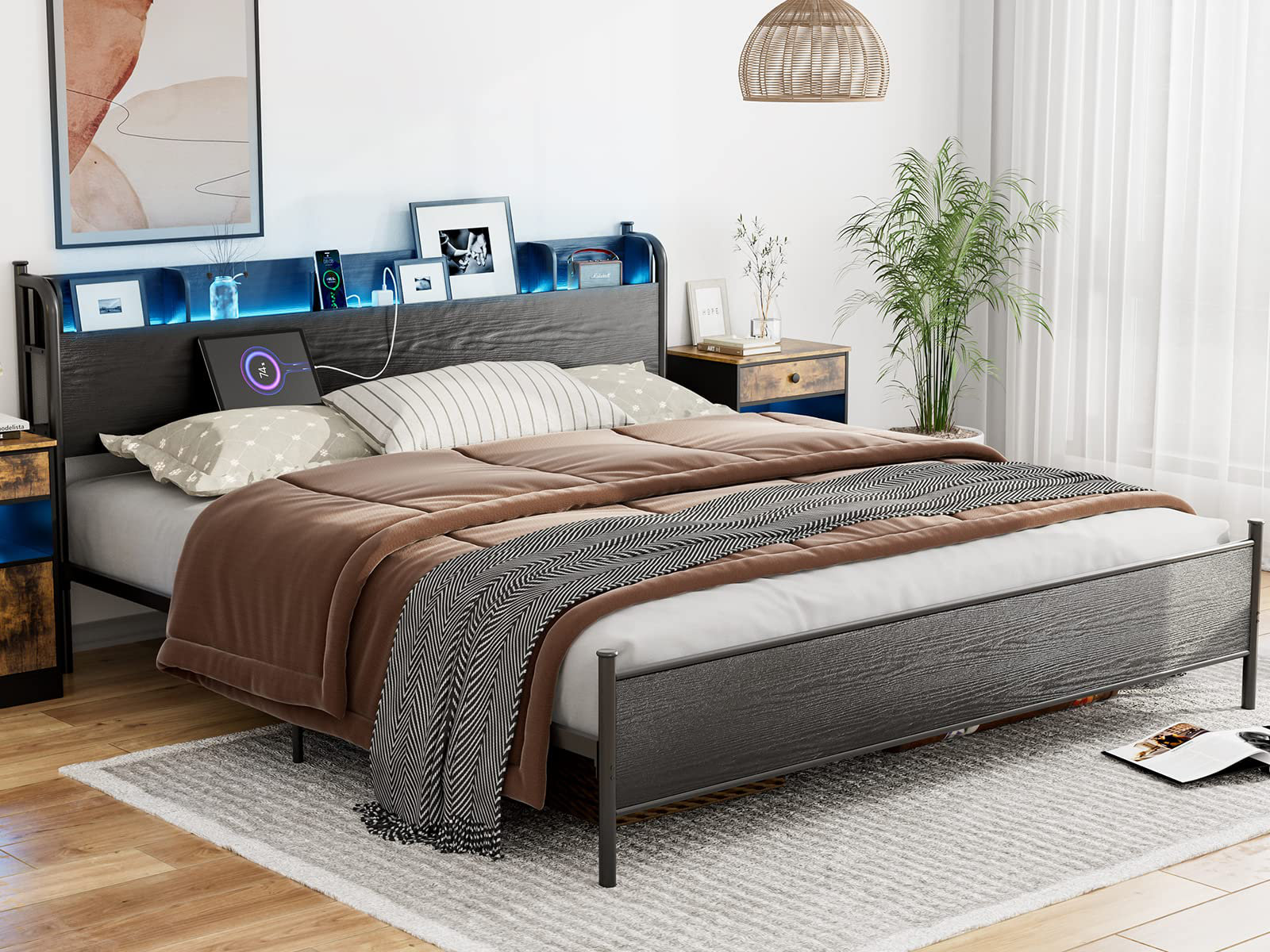 17 Stories Dianthe Bed Frame with Storage Shelf Headboard & Charging ...
