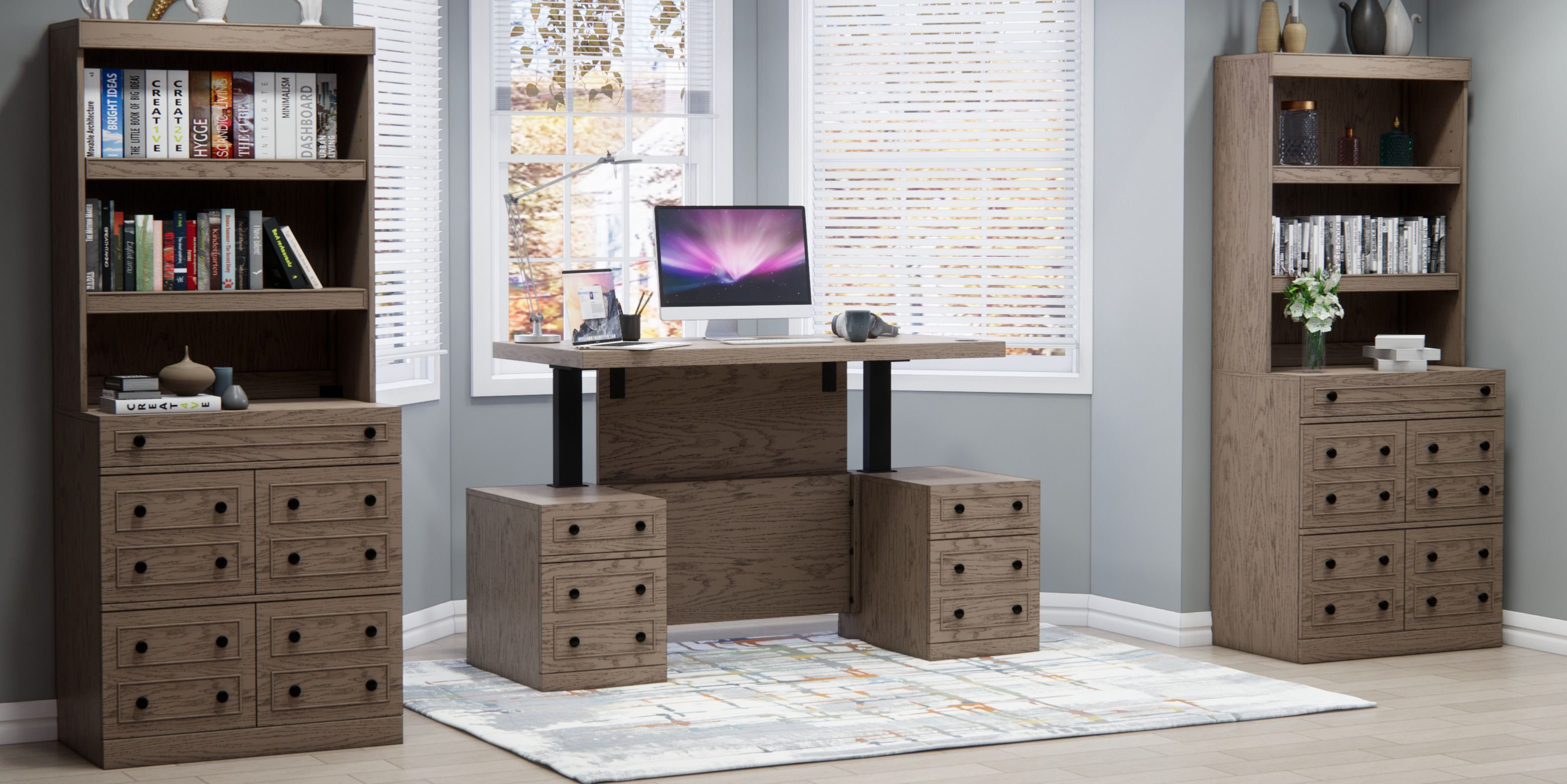 Hokku Designs Junxian Sit-Stand Storage Desk with Two File Drawer ...