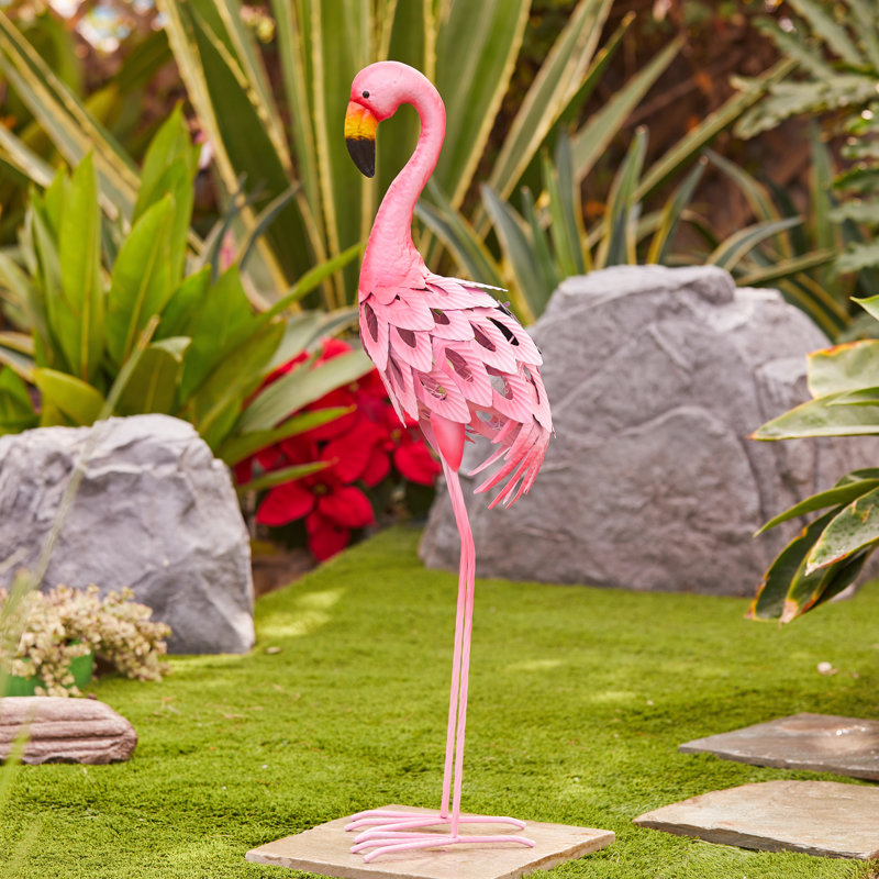 Mistana™ Finck Birds Animals Pink Flamingo Outdoor Metal Garden Statue ...