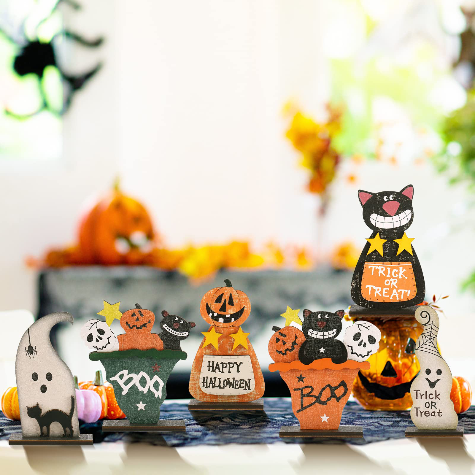 The Holiday Aisle® Wooden Halloween Table Top Decorations - 6PCS | Wayfair