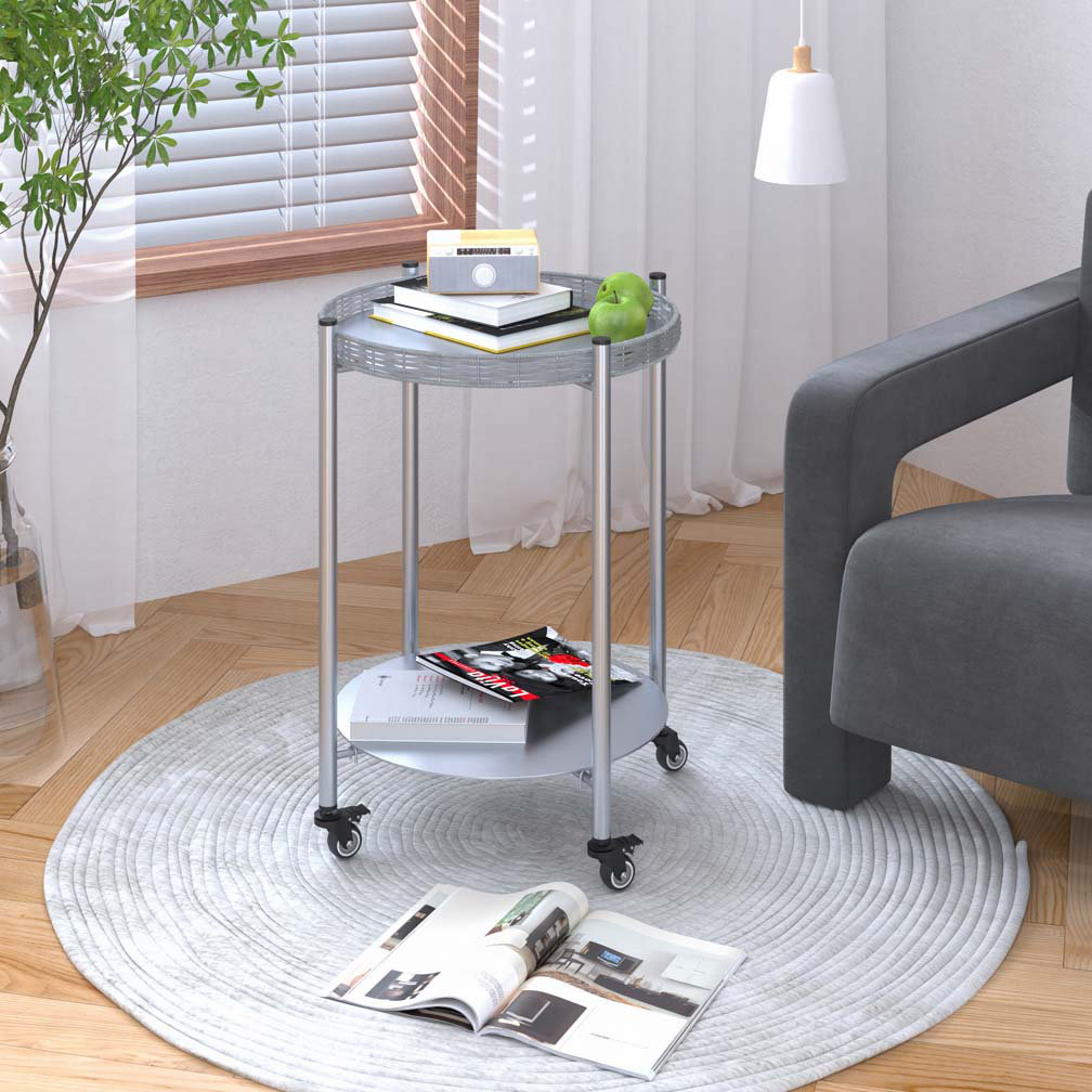 Wrought Studio Round Coffee Table with Wheels 2-Tier Movable Side ...