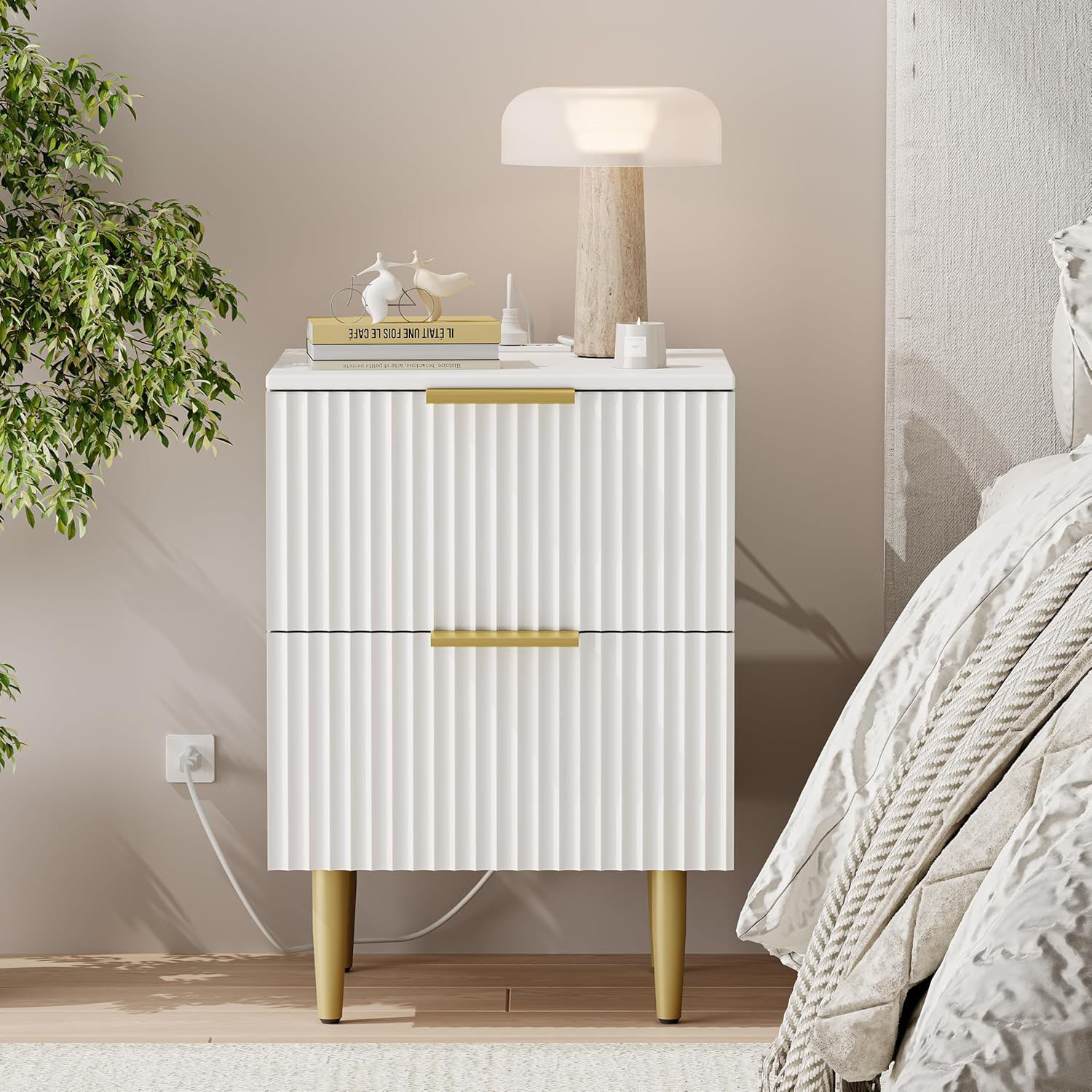 Mercer41 Nightstand Set Of 2, Fluted Night Stand With Charging Station ...