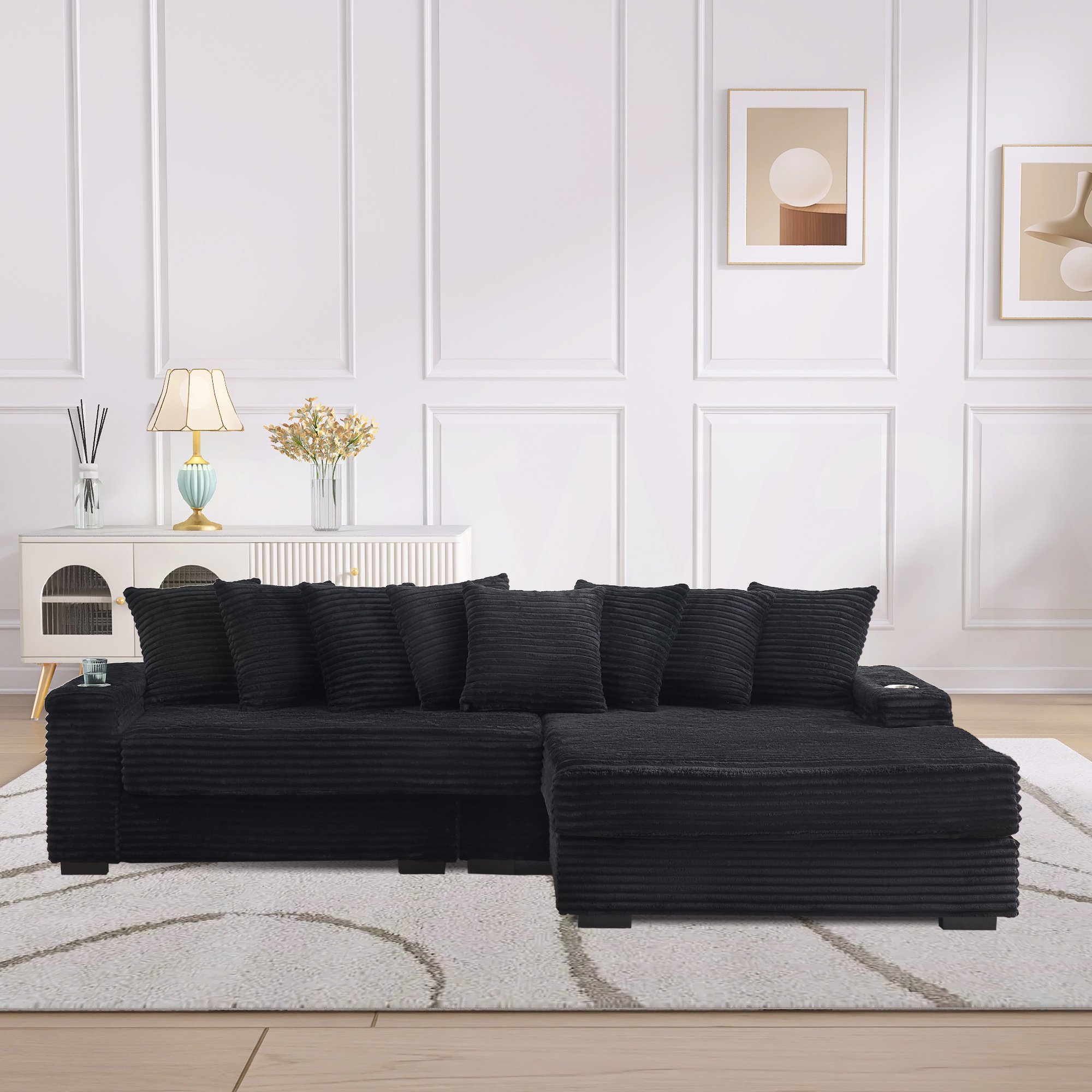 Wade Logan® Bodhild 111" corduroy Sectional with cup holders and ...